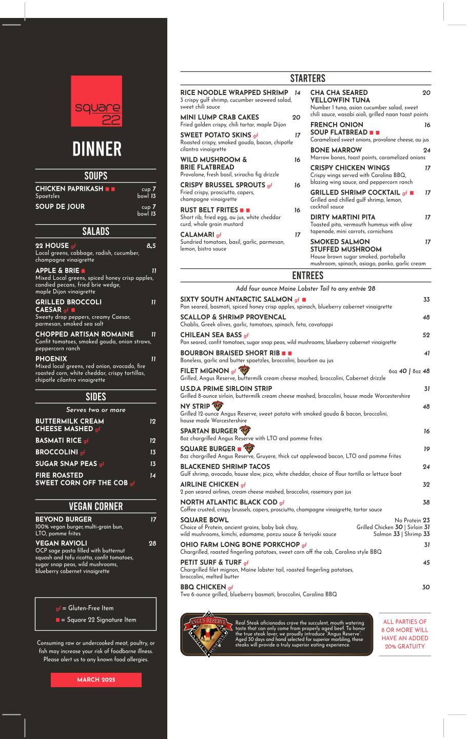 Menu at Square 22 Restaurant and Bar, Strongsville