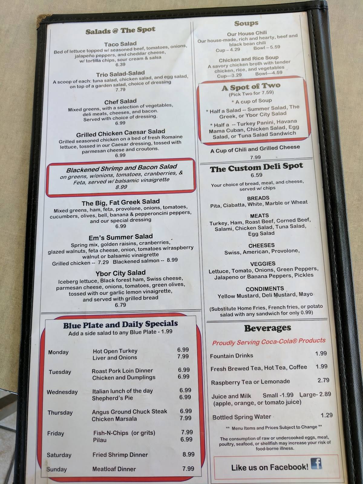 Menu at The Spot Cafe, St. Augustine, US-1
