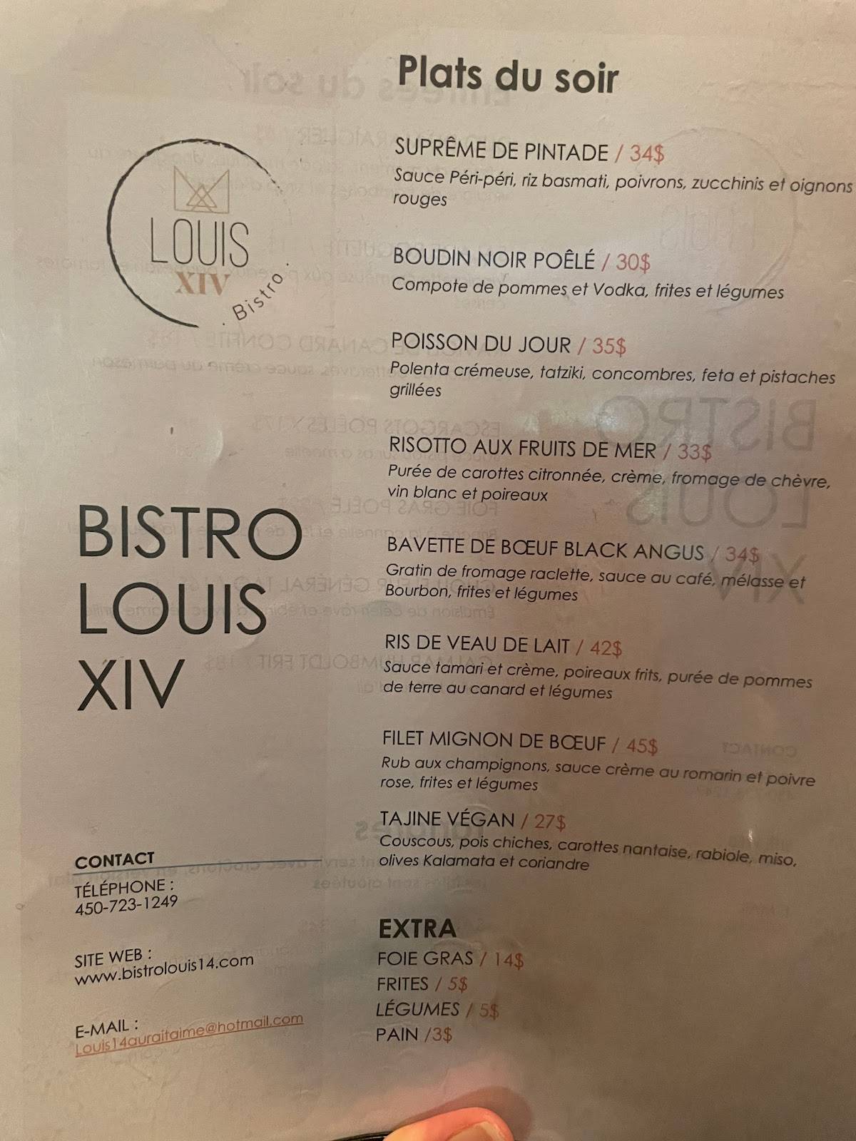 Menu au Bistro Louis XIV restaurant, Saint-Bruno-de-Montarville