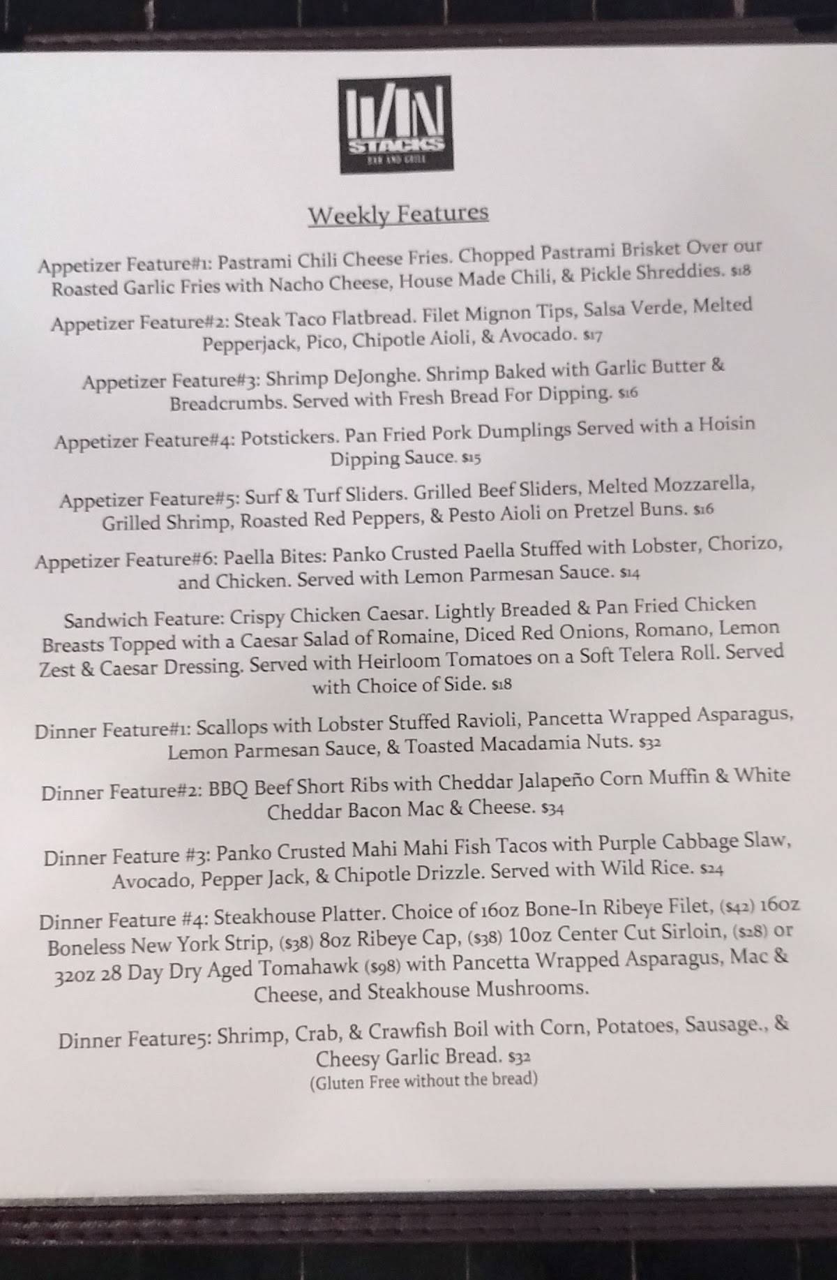 Menu at Stacks Bar and Grill, Valparaiso