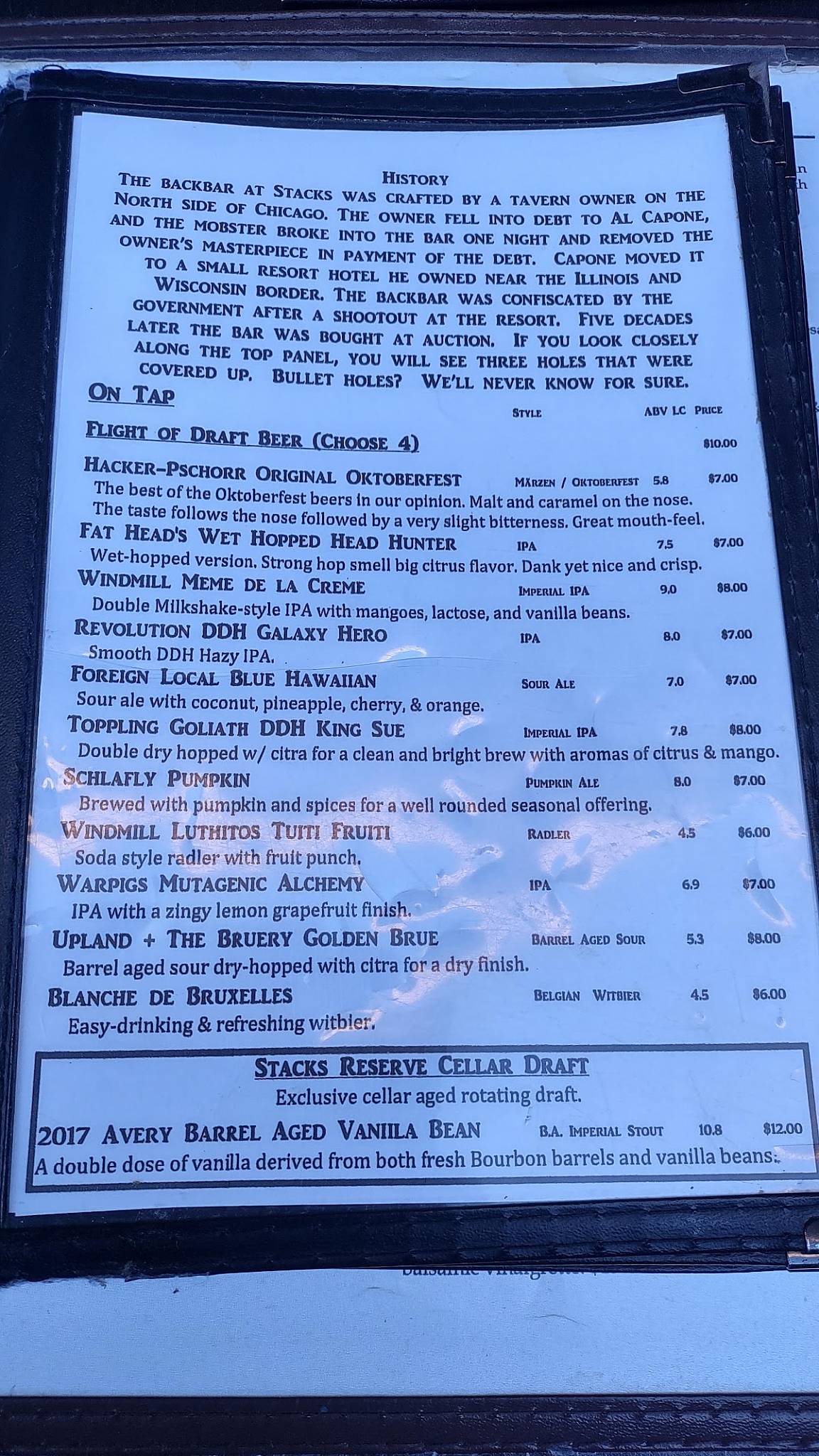 Menu at Stacks Bar and Grill, Valparaiso