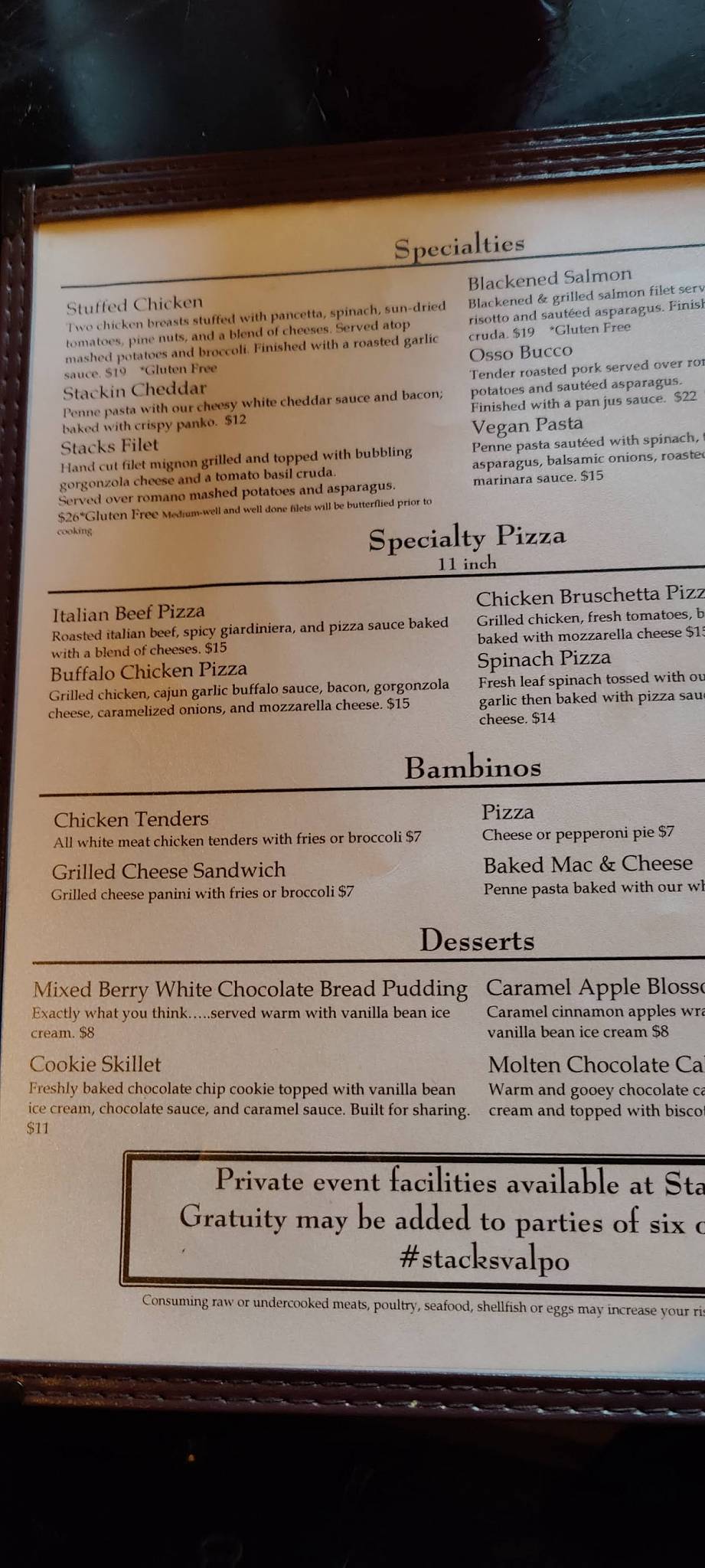 Menu at Stacks Bar and Grill, Valparaiso