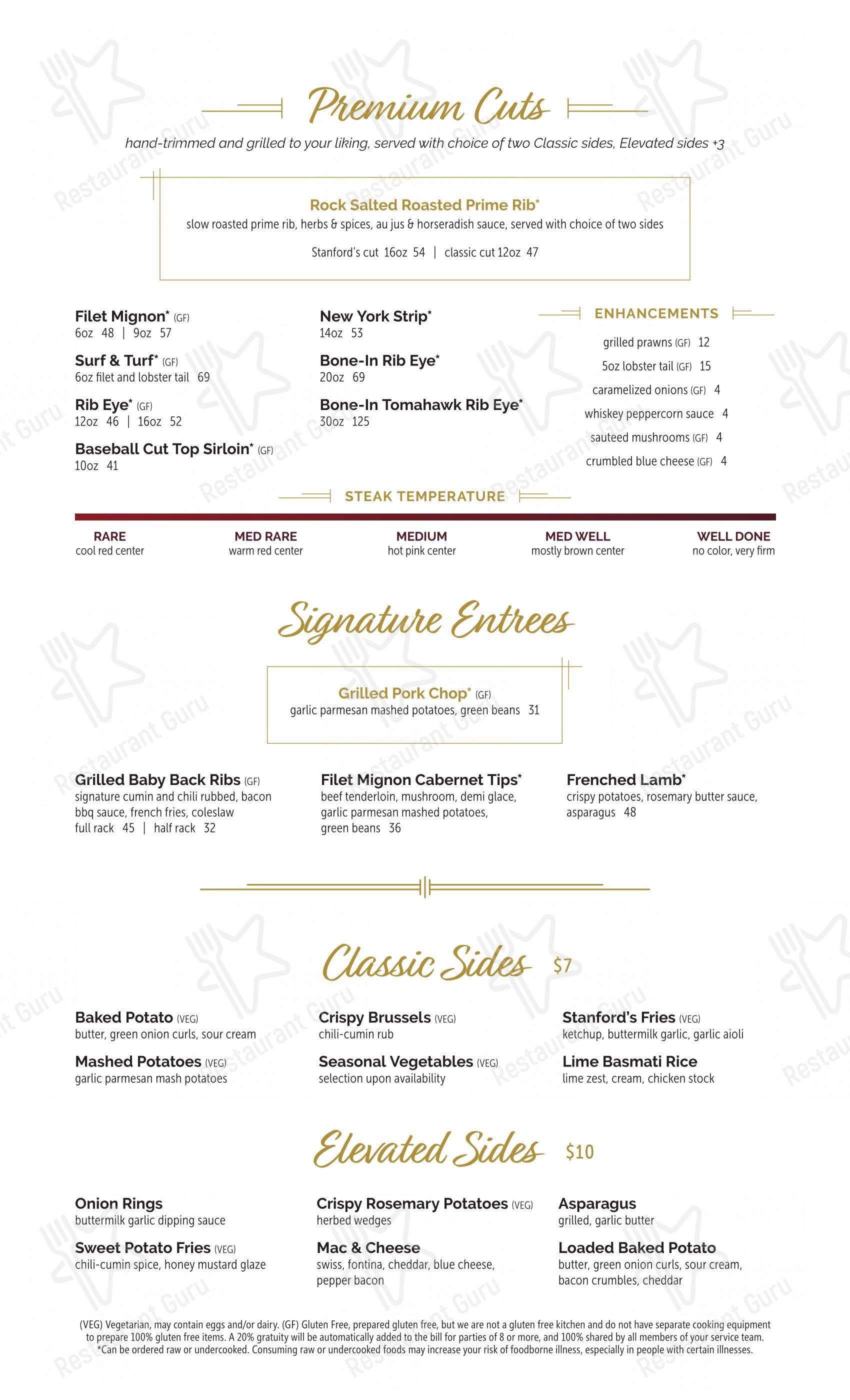 Menu at Stanford's Tanasbourne steakhouse, Hillsboro