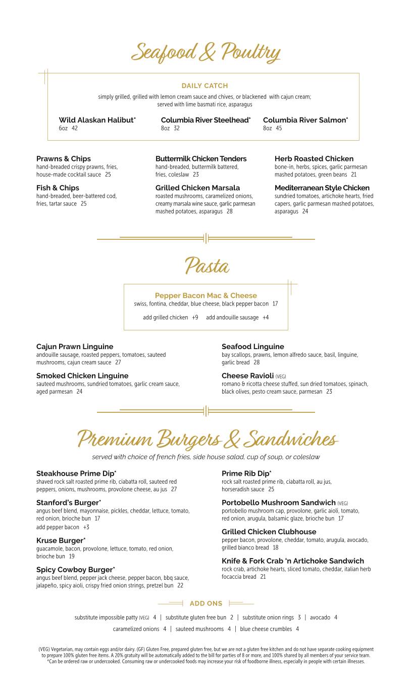 Menu at Stanford's Tanasbourne steakhouse, Hillsboro