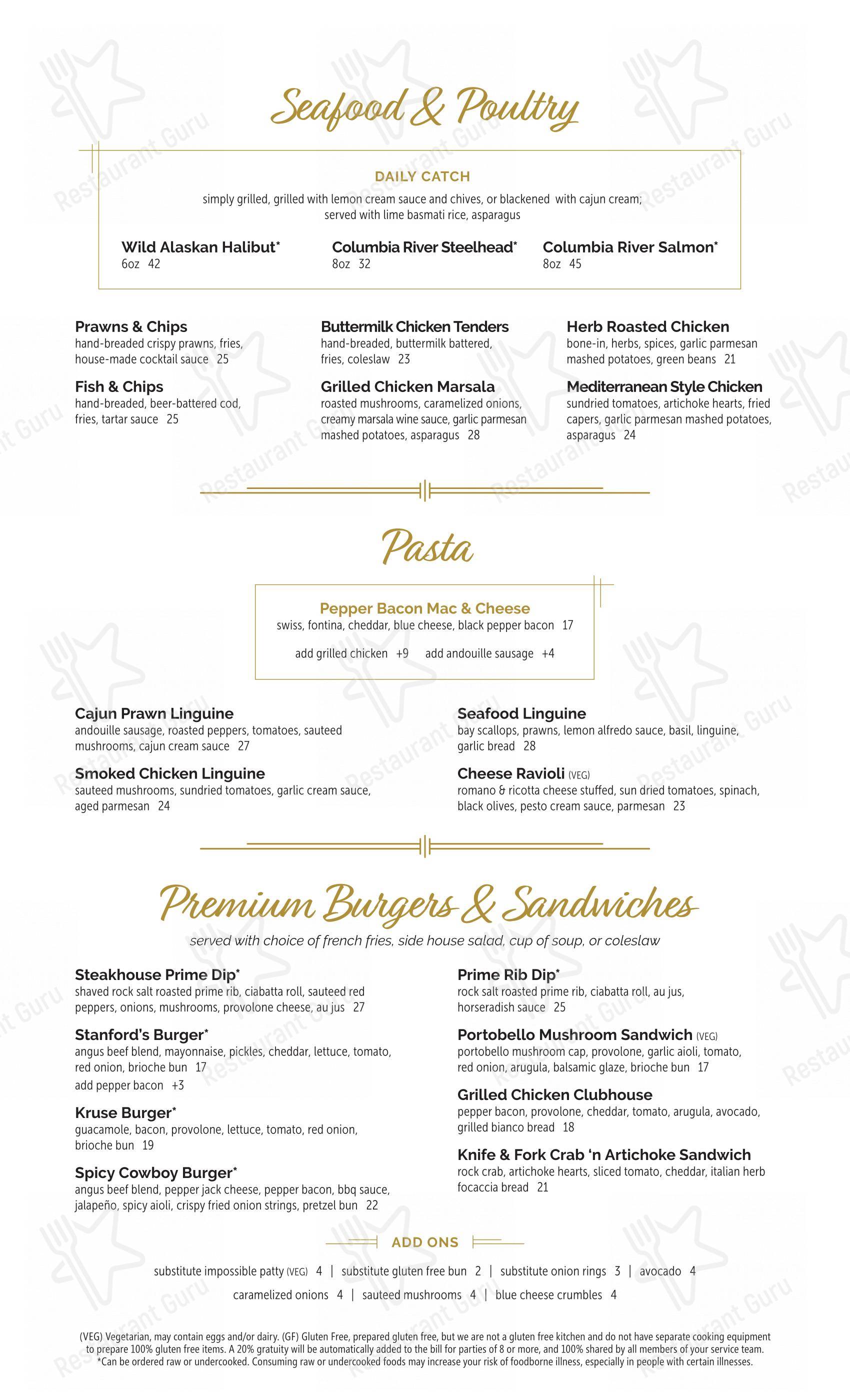 Menu at Stanford's Tanasbourne steakhouse, Hillsboro