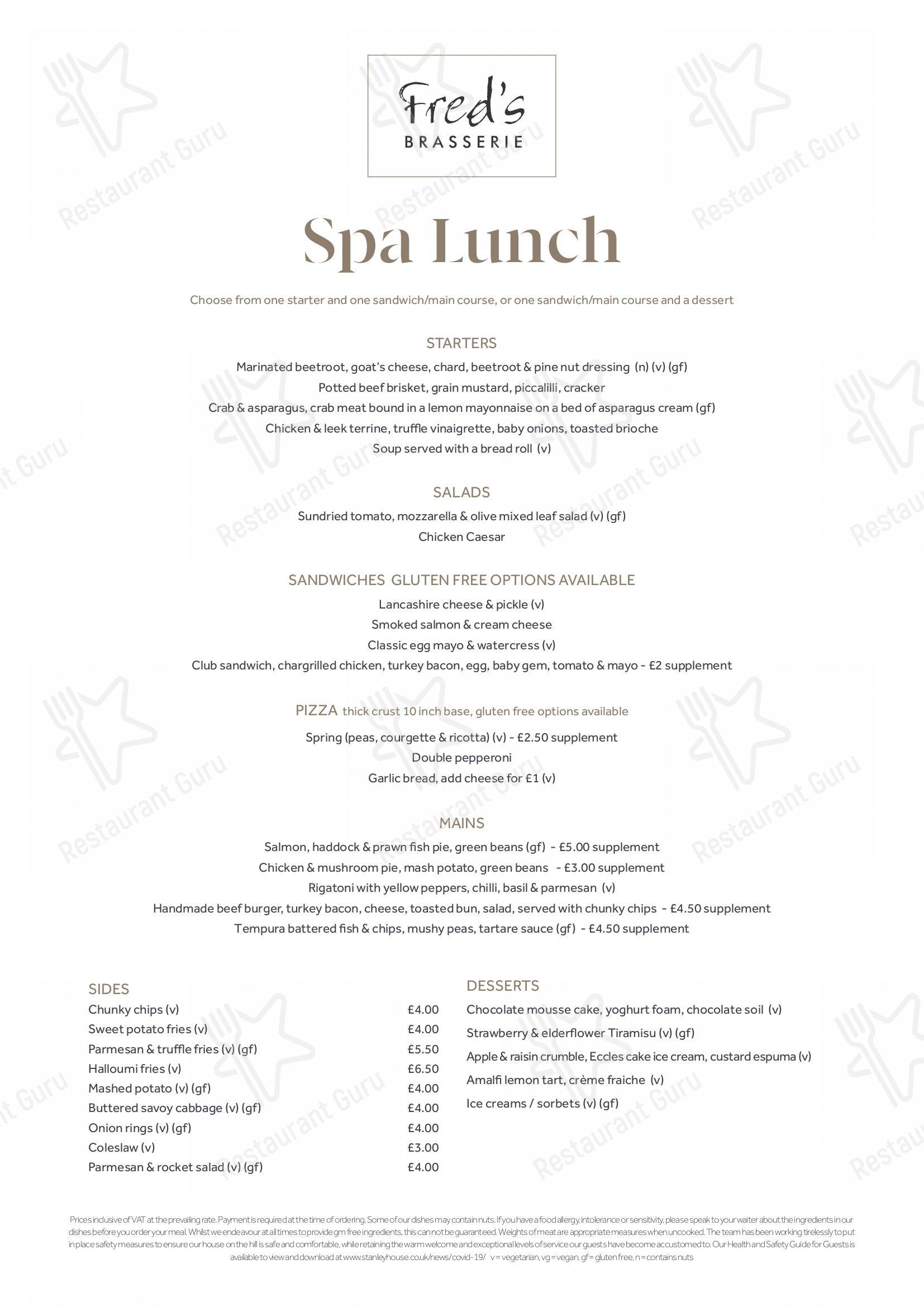 Menu at Stanley House Hotel & Spa restaurant, Blackburn