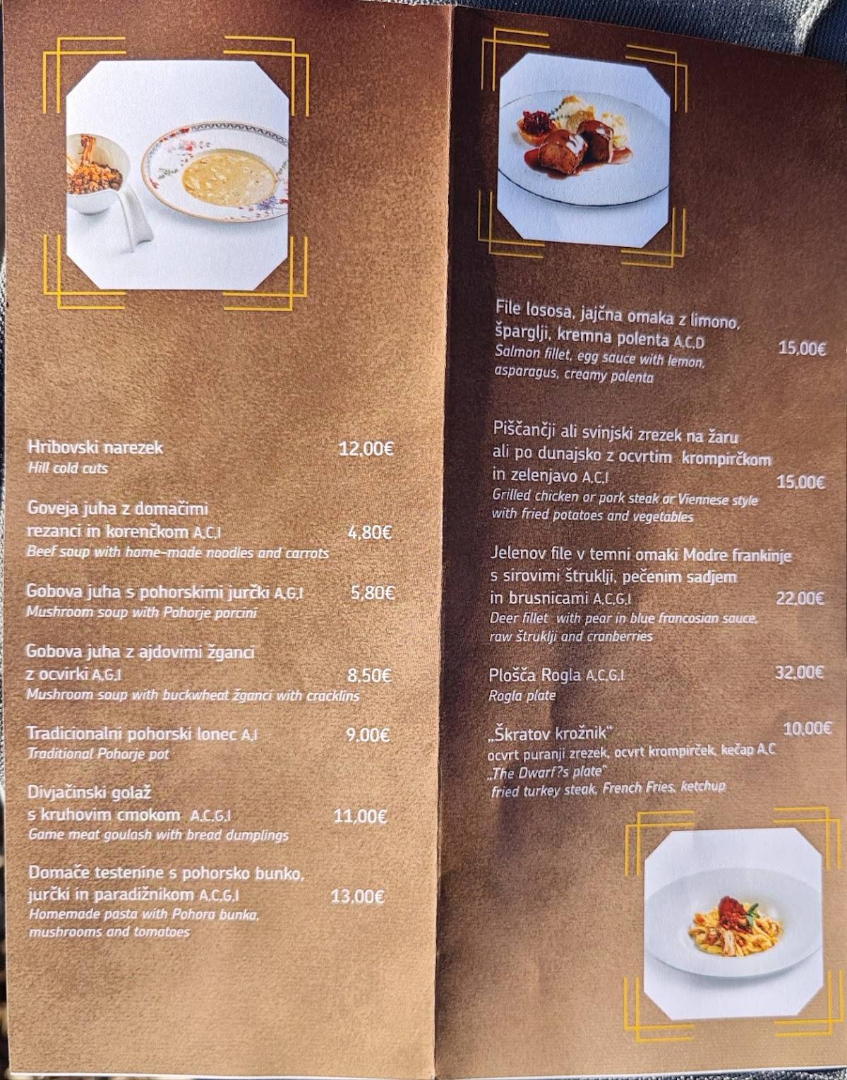 Menu at Stara koča restaurant, Rogla