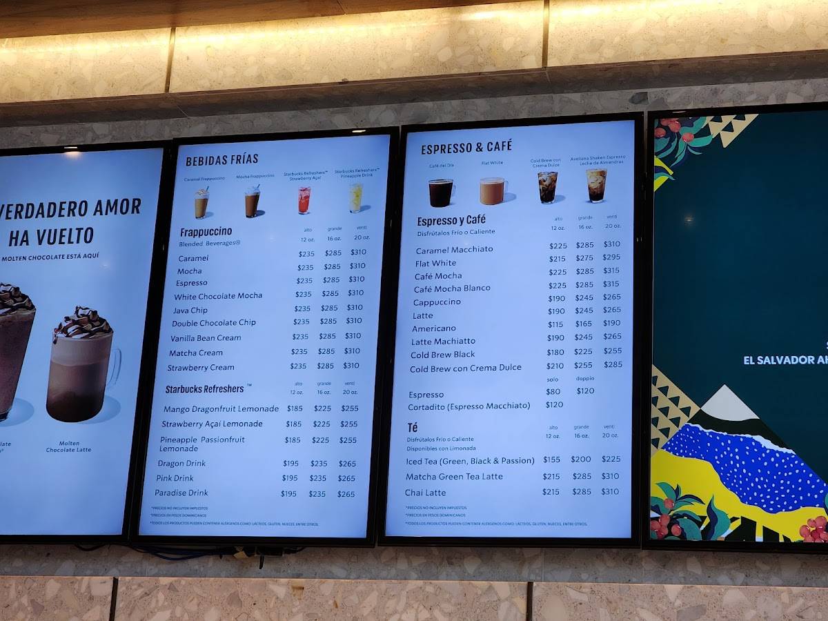 Menu at Starbucks cafe, Santo Domingo, Downtown Center