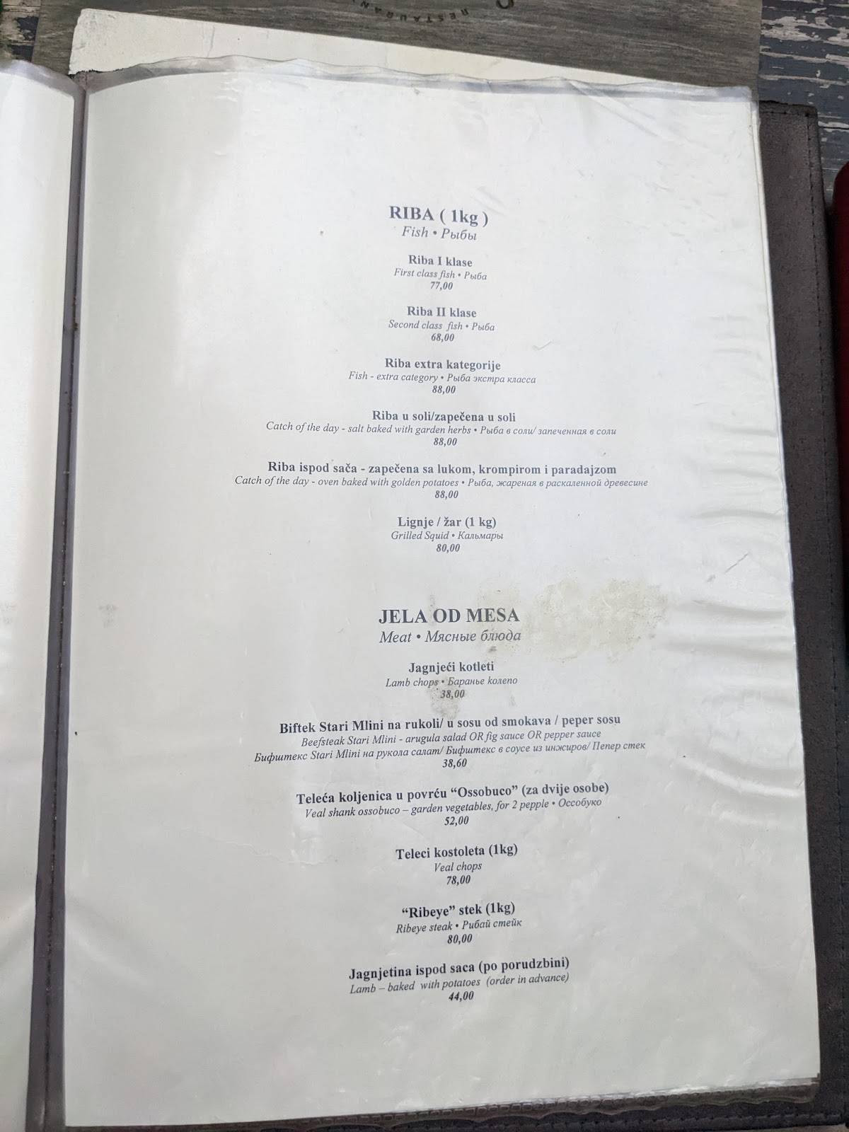 Menu at Stari Mlini restaurant, Dobrota, Dobrota - Ljuta BB