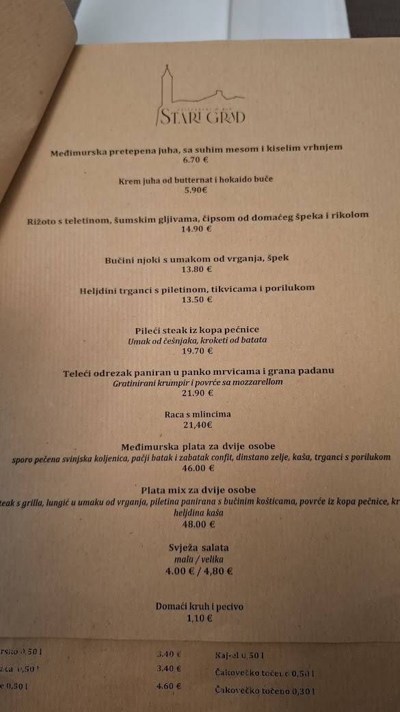Menu au Stari grad restaurant, Čakovec
