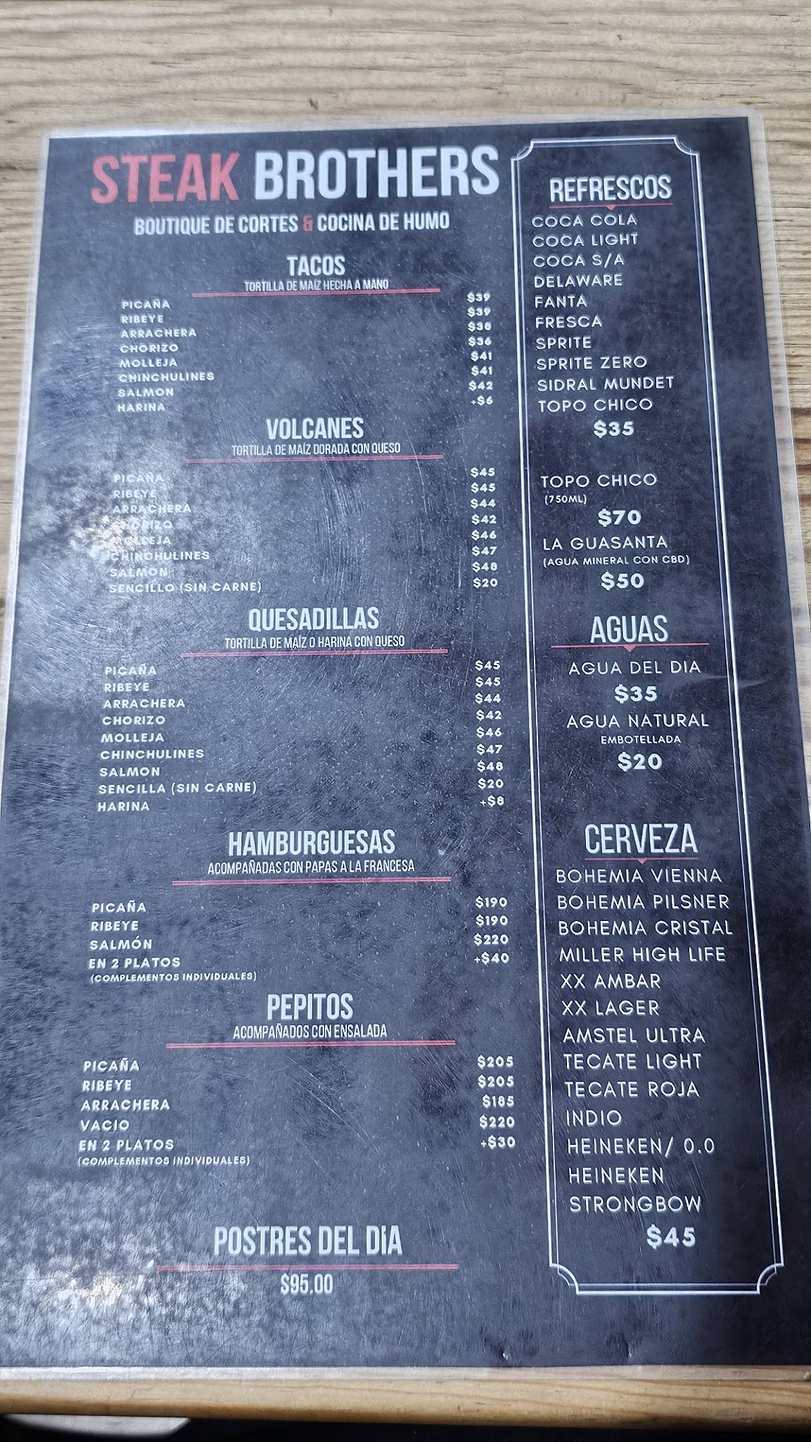 Menu at Steak Brothers restaurant, San Juan Cosalá