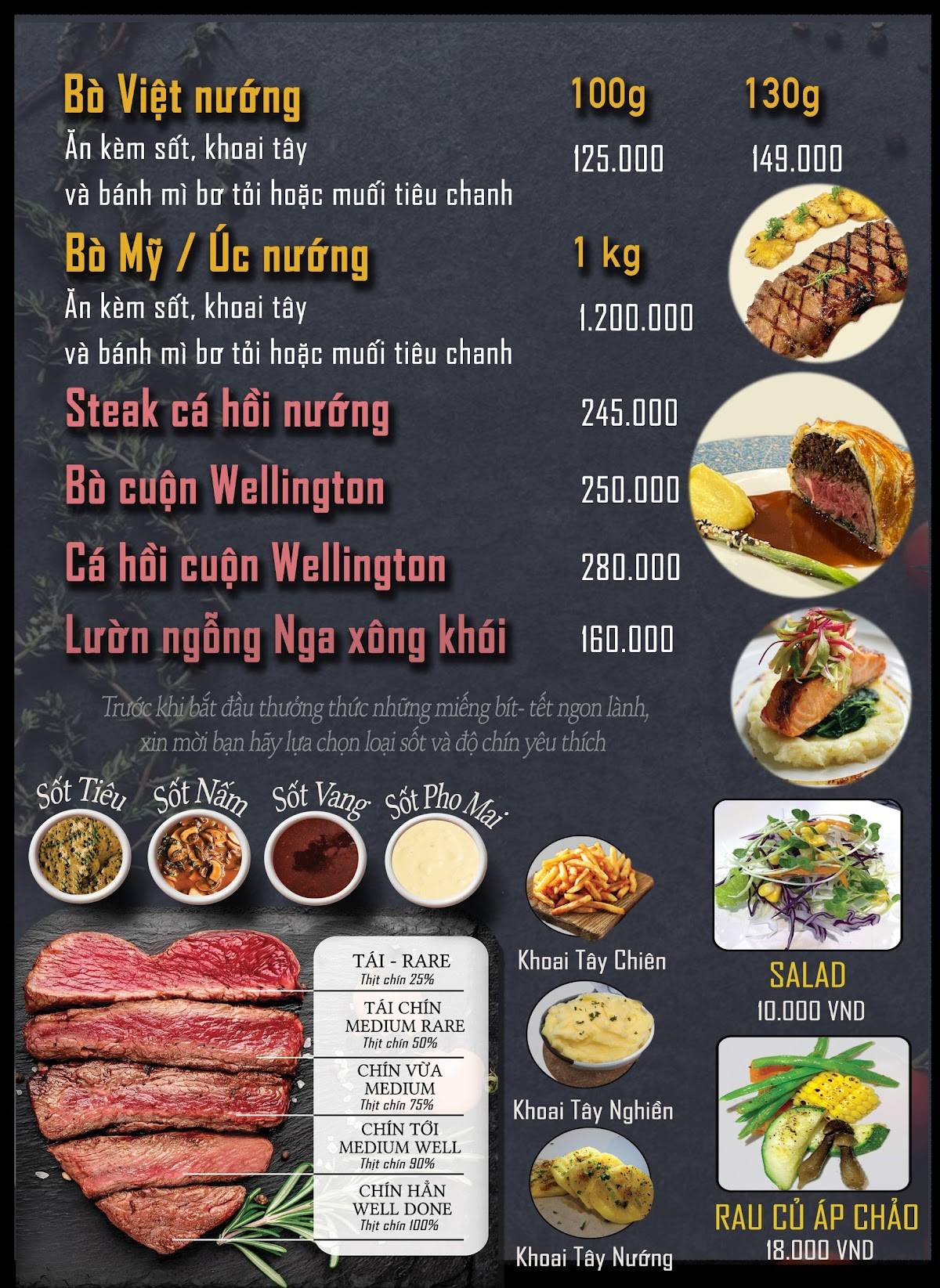 Menu at Mr Cop Steak restaurant, Ho Chi Minh City