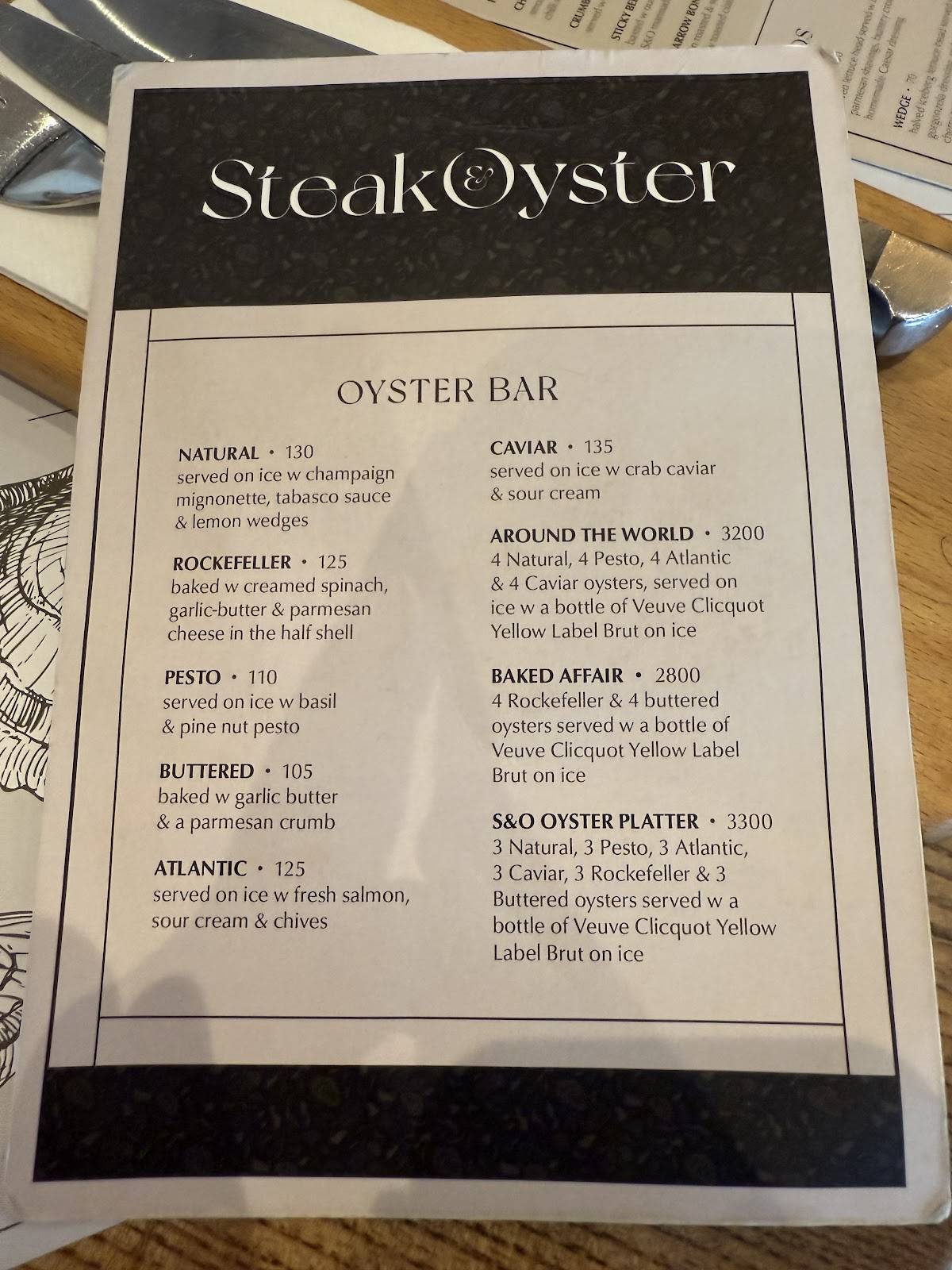 Menu at Steak and oyster restaurant, Umhlanga, 12
