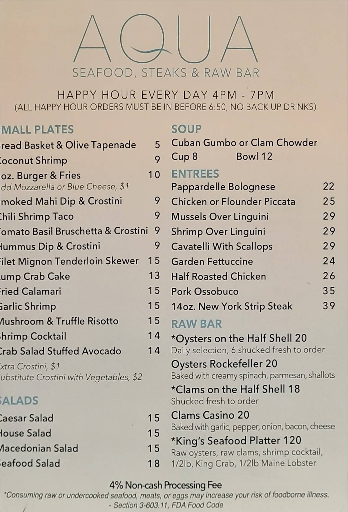 Menu at Aqua steakhouse, Naples