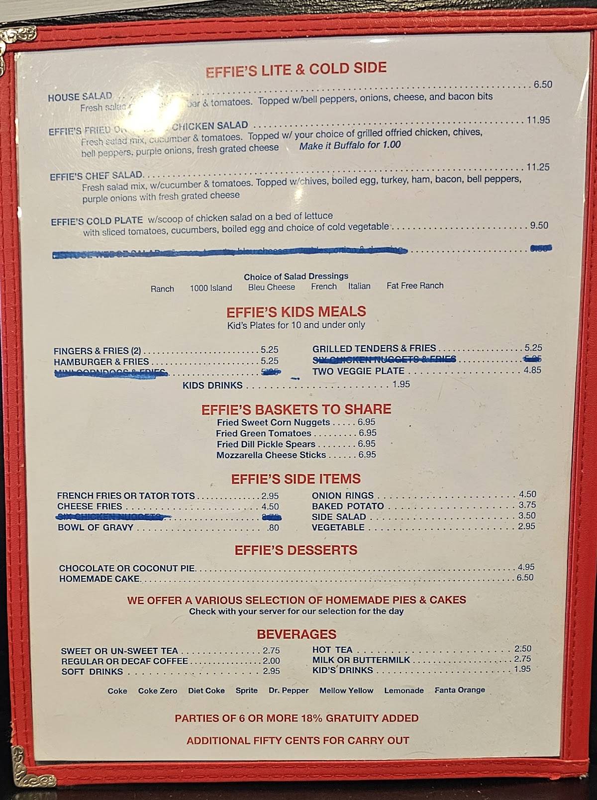 Menu at Aunt Effie's Restaurant, Ringgold