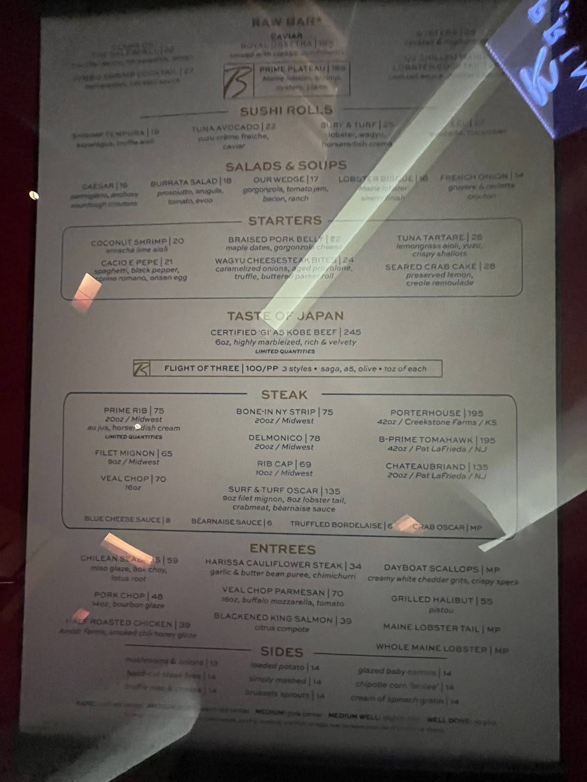 Menu at B-Prime Steakhouse, Atlantic City