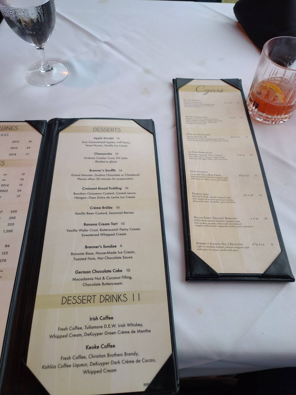 Menu at Brenner's on the Bayou steakhouse, Houston, 1 Birdsall St