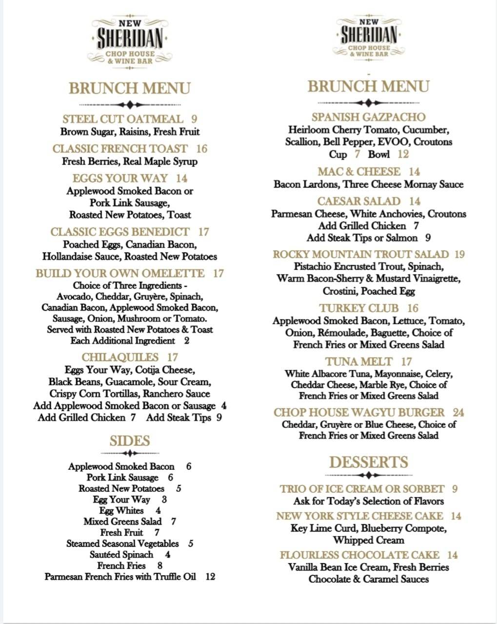 Menu at Chop House Restaurant at New Sheridan, Telluride