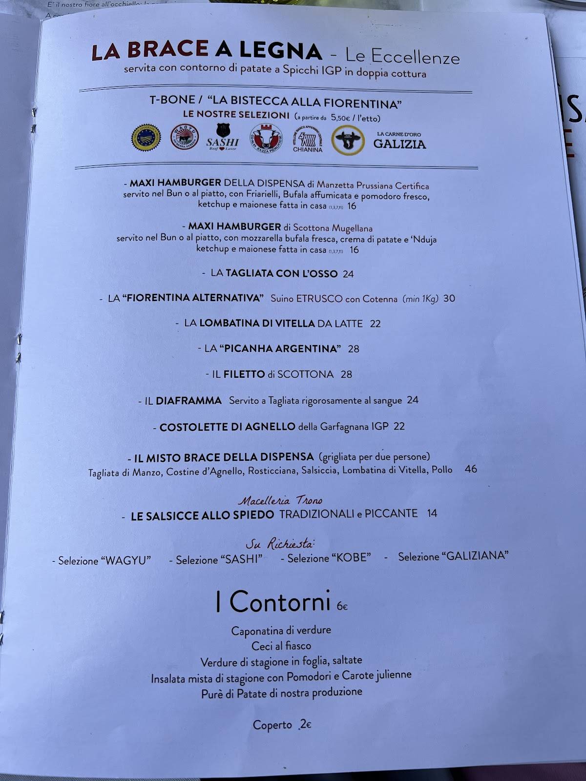 Menu da Dispensa Verace steakhouse, Firenze