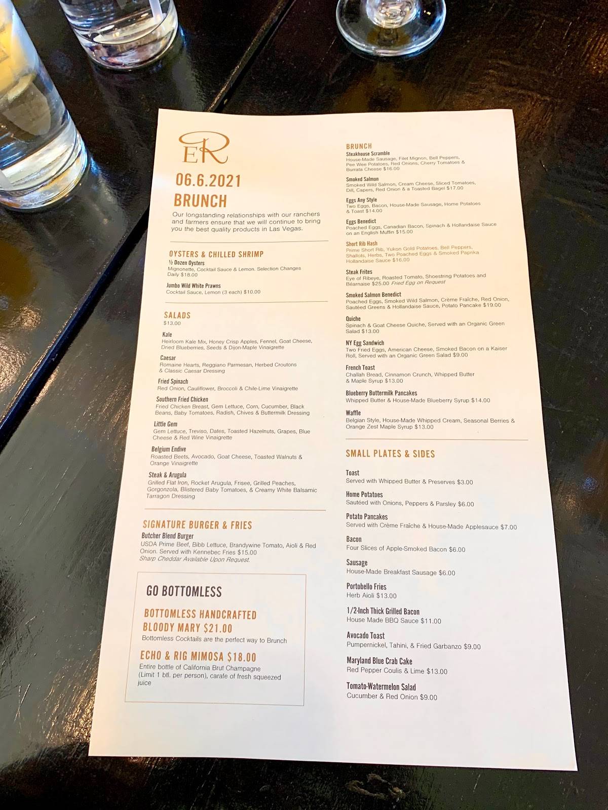 Menu at Echo & Rig steakhouse, Las Vegas