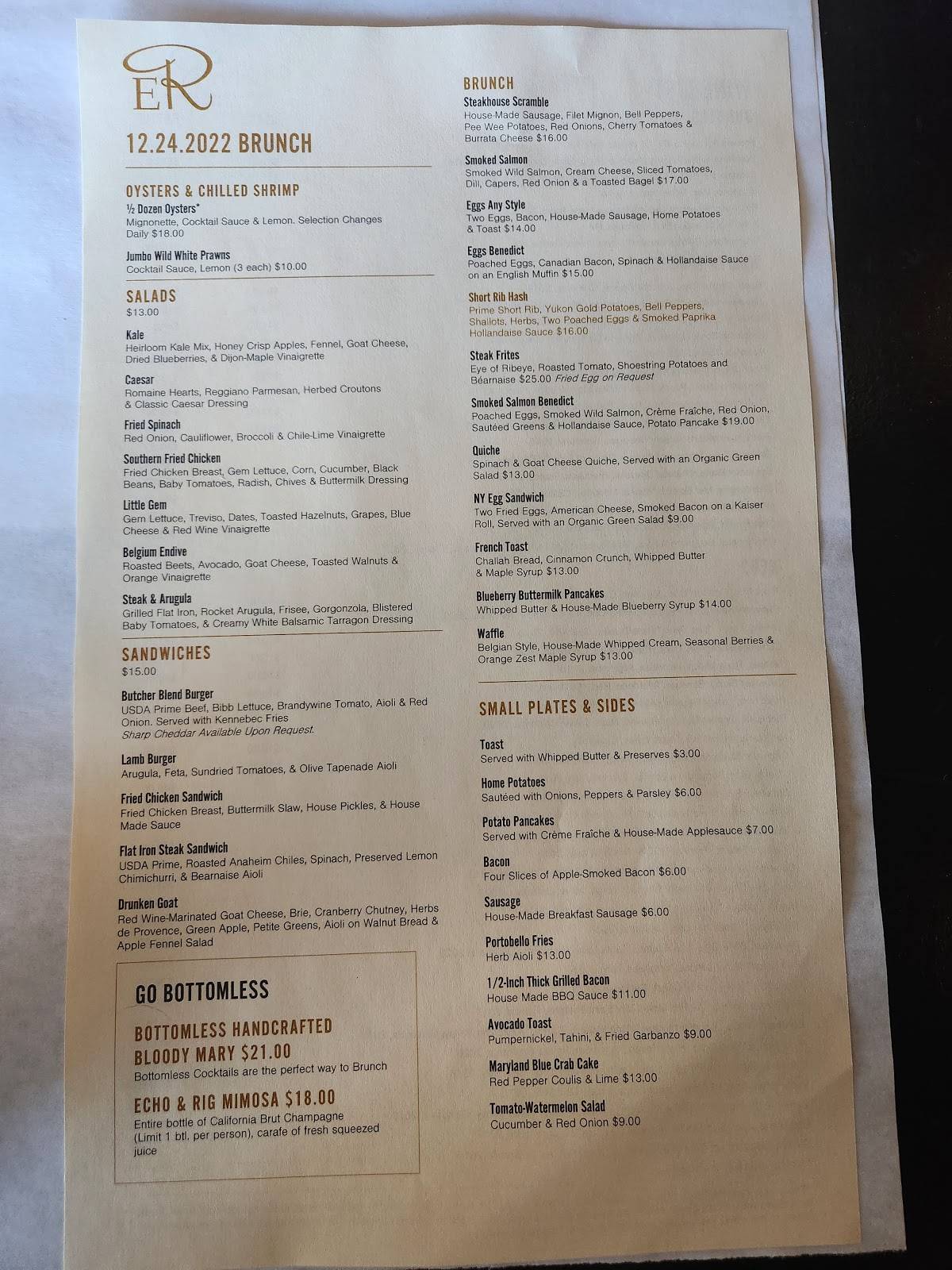 Menu at Echo & Rig steakhouse, Las Vegas