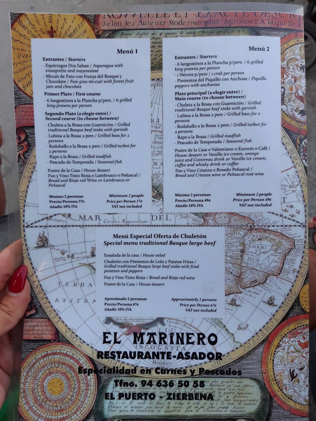 Carta de parrilla El Marinero jatetxea, Ciervana, El Puerto
