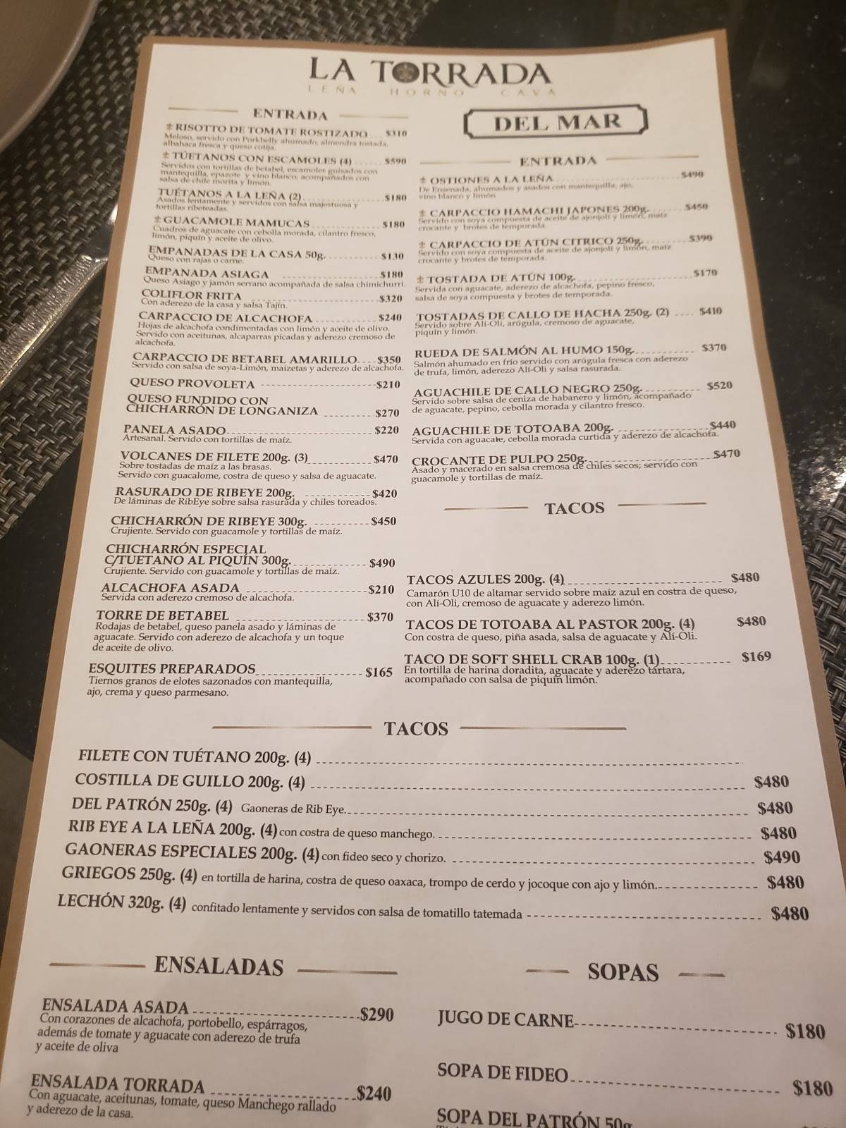 Carta de parrilla La Torrada, Monterrey, 2500 Col. Valle Oriente