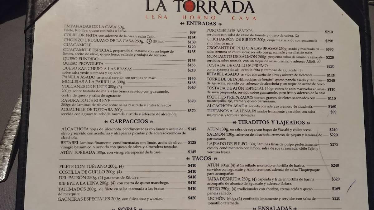 Carta de parrilla La Torrada, Monterrey, 2500 Col. Valle Oriente