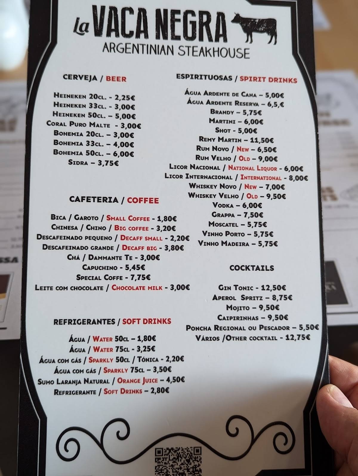 Menu at La Vaca Negra steakhouse, Funchal