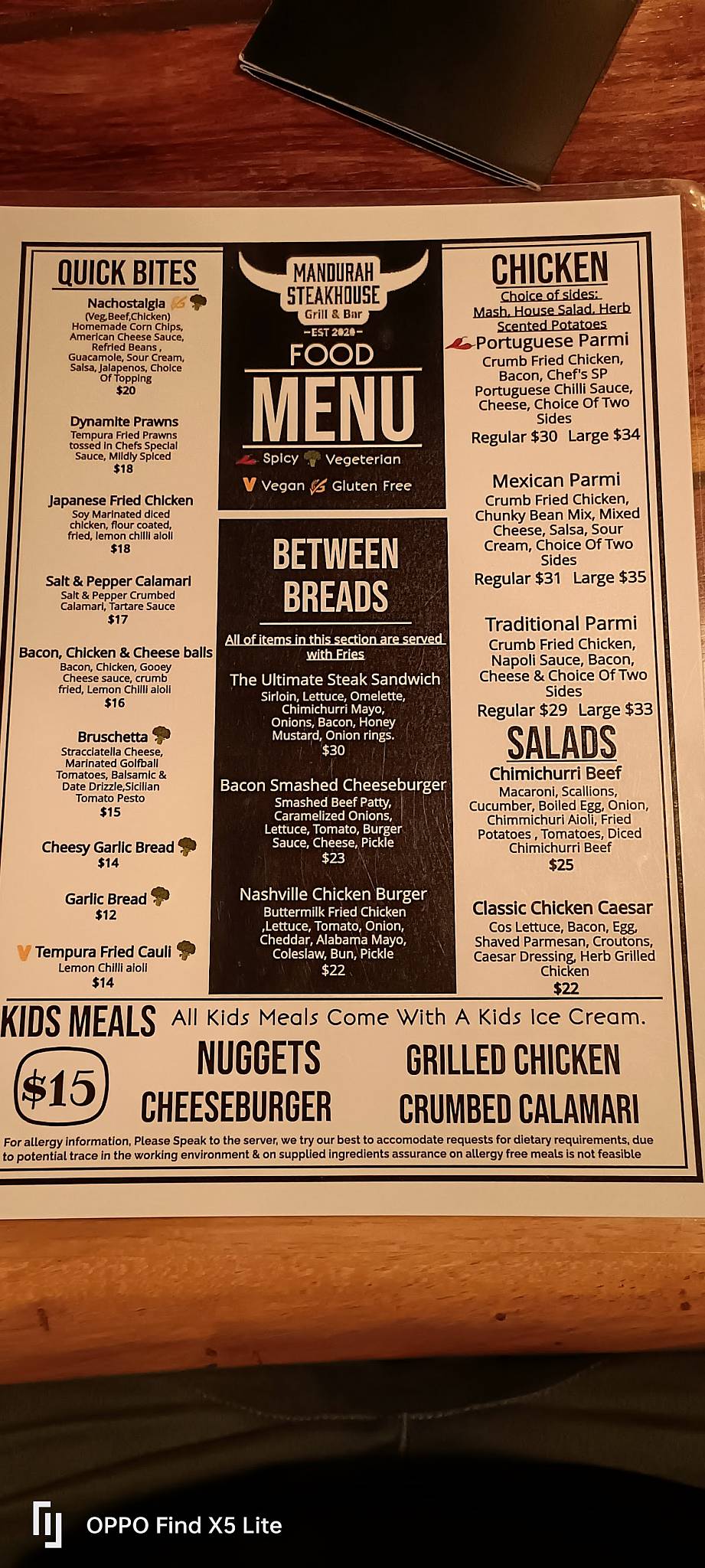 Menu at Mandurah Steakhouse, Mandurah