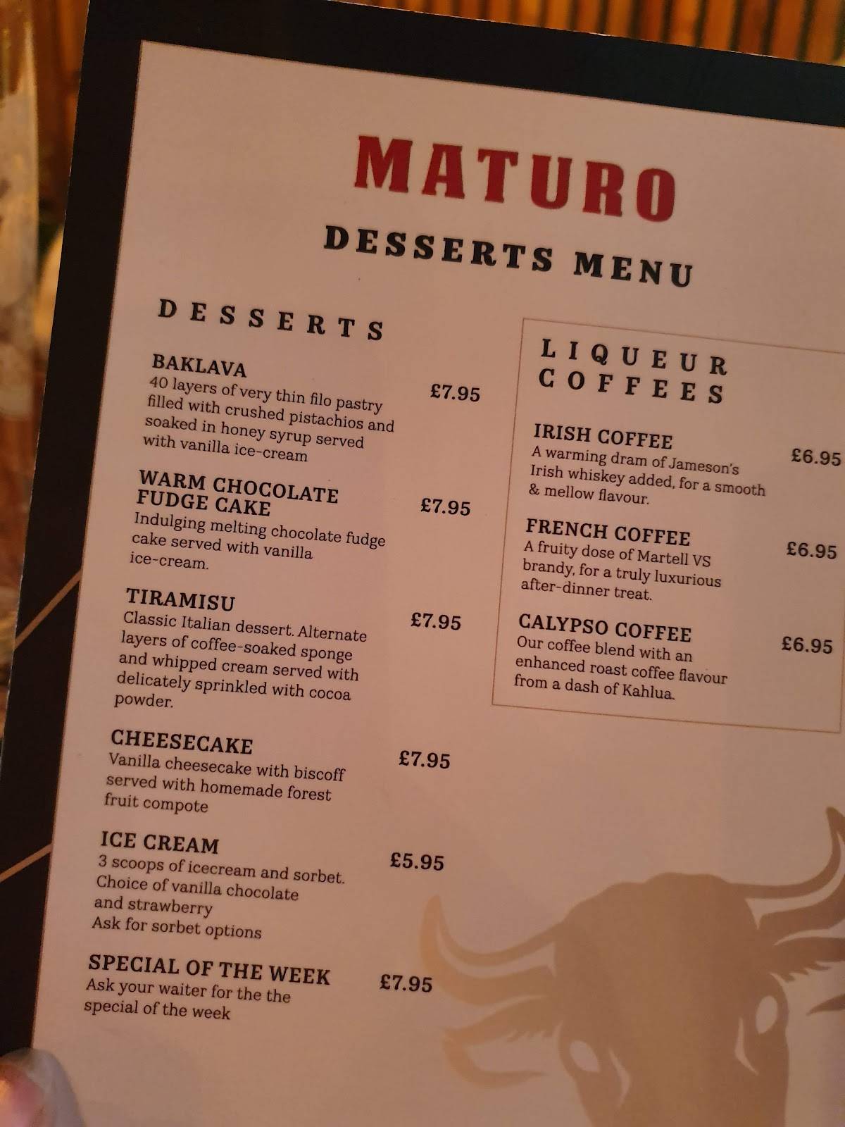 Menu at Maturo Meathouse steakhouse, Manchester