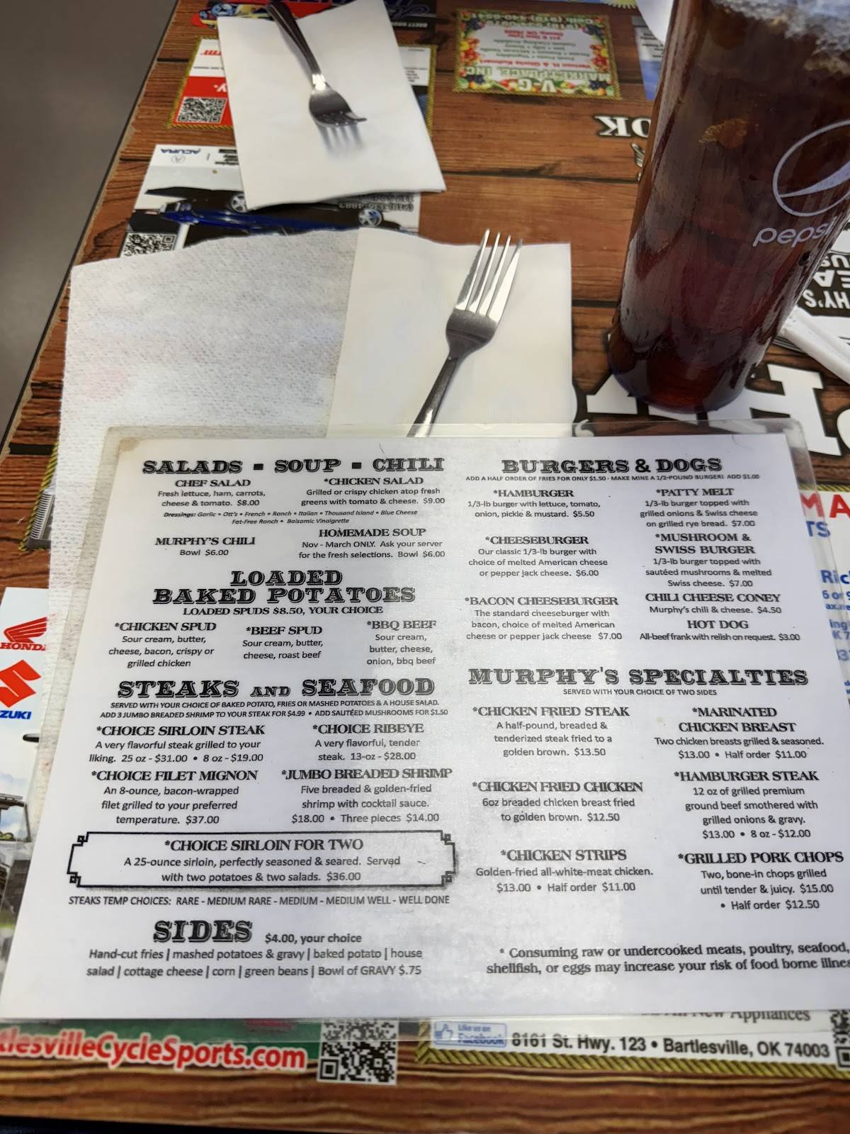 Menu at Murphy's Original Steak House steakhouse, Bartlesville