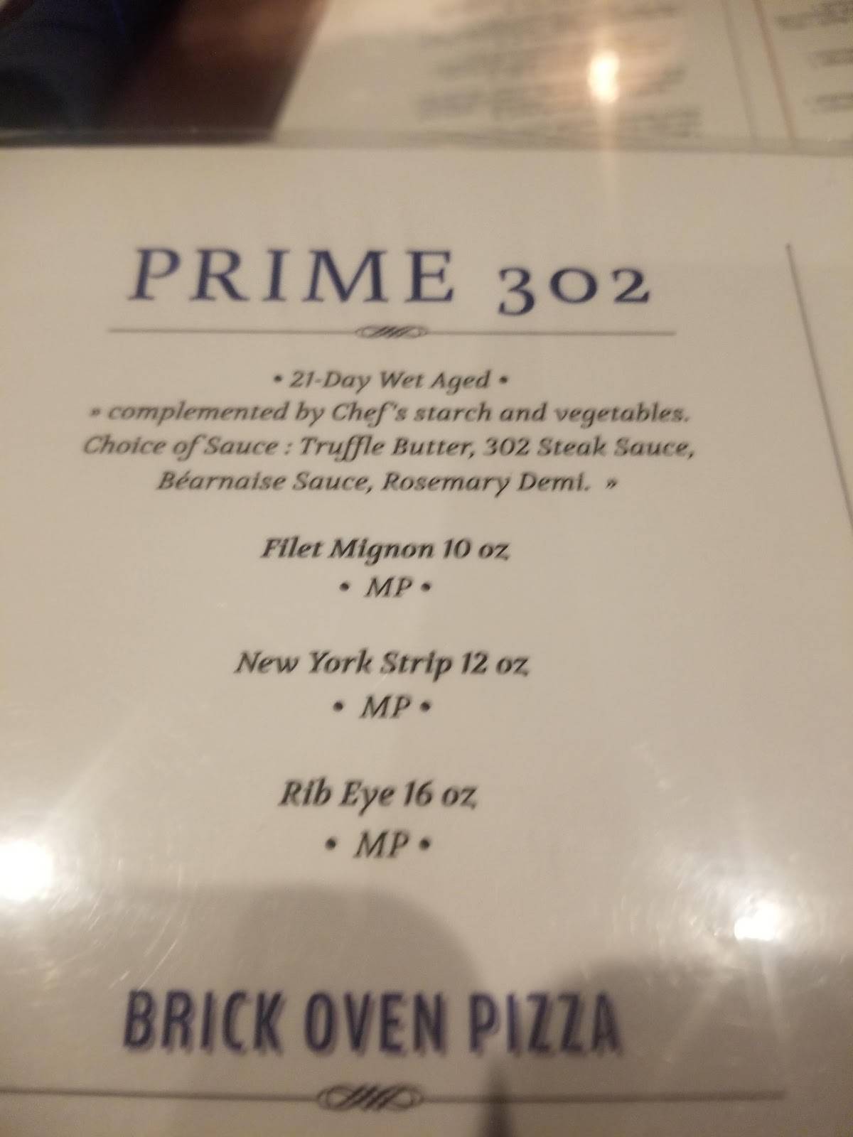 Menu at Ocean 302 steakhouse, Melbourne Beach