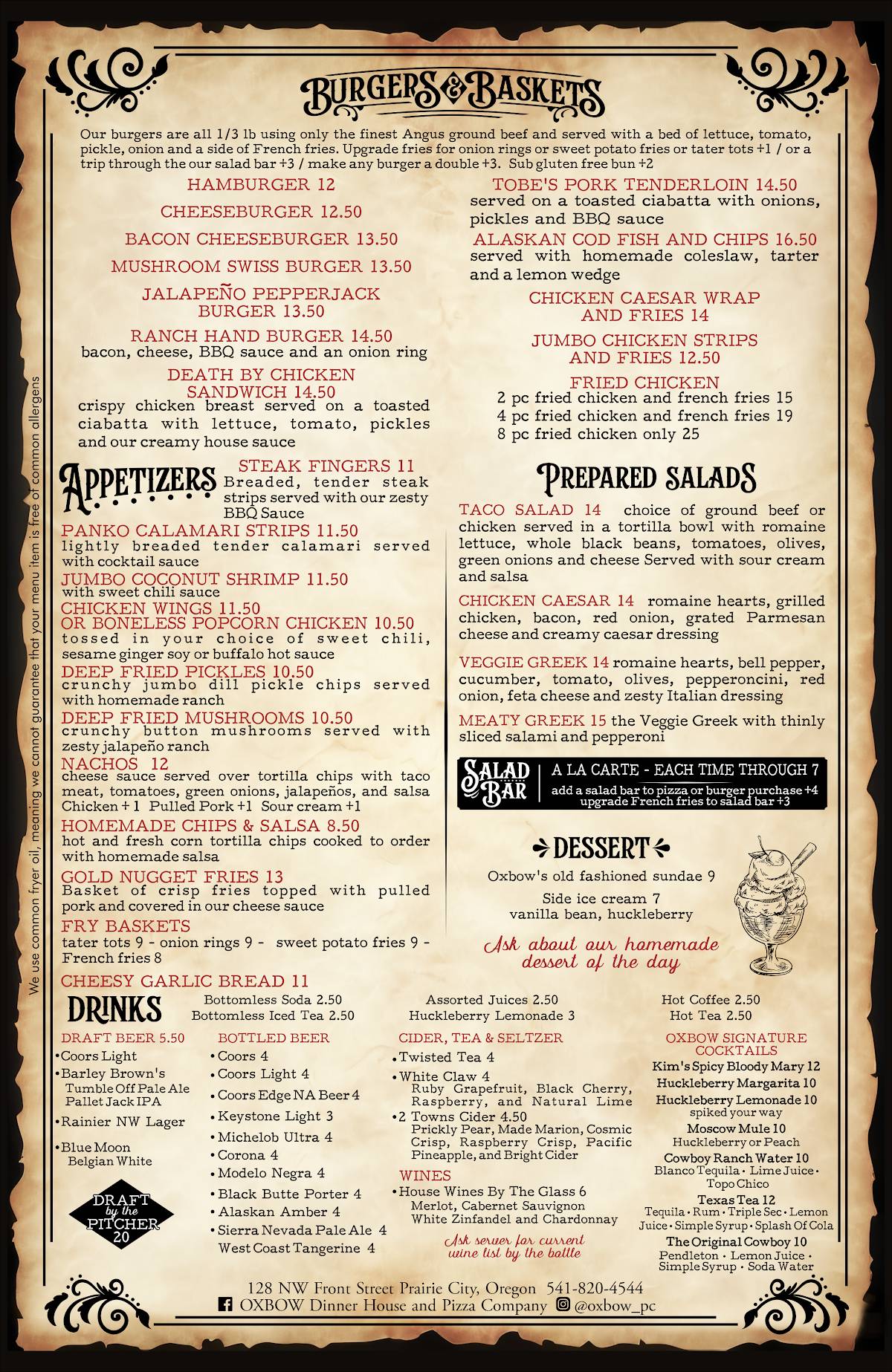Menu at Oxbow Dinner House and Pizza Company steakhouse, Prairie City