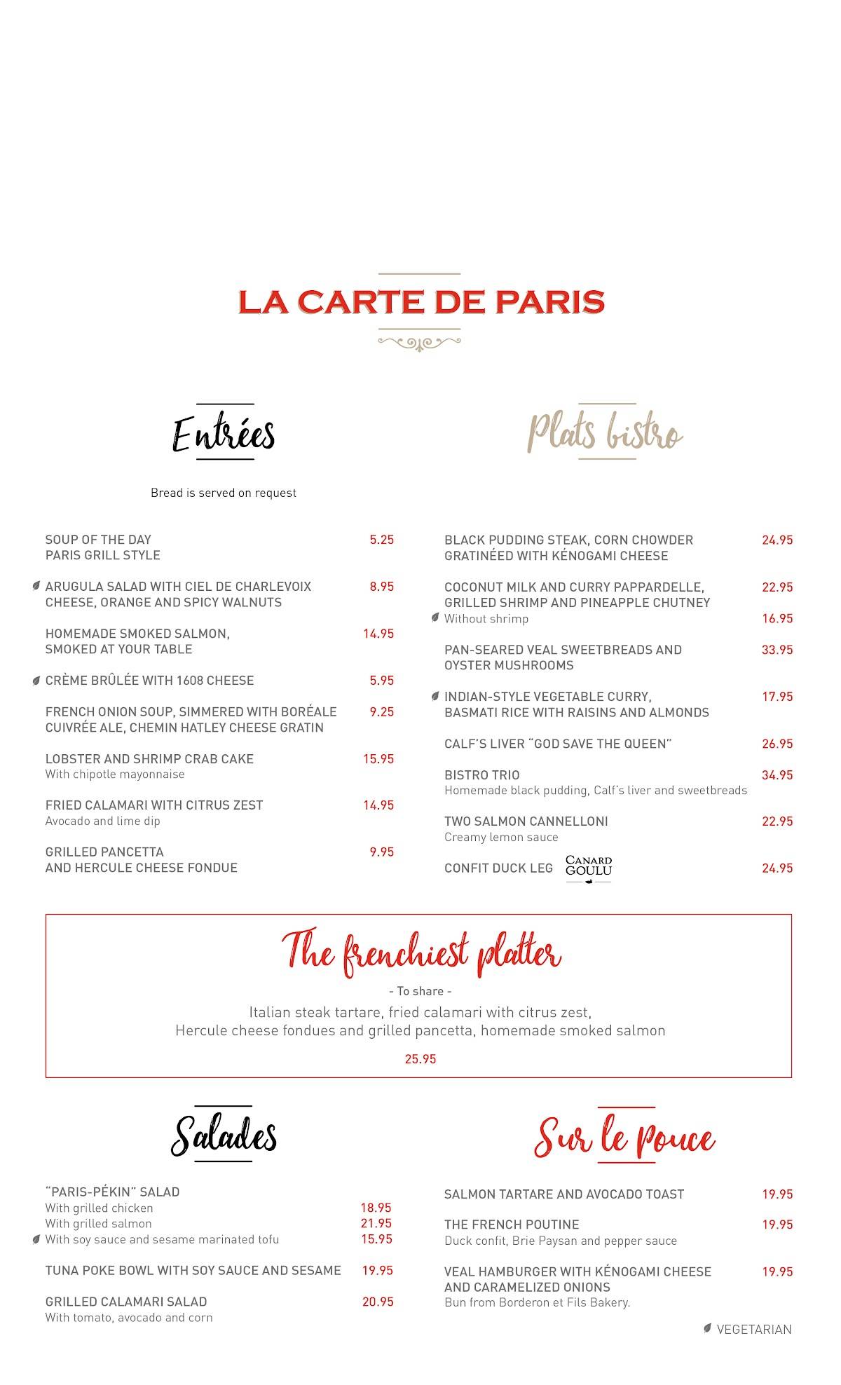 Menu au Paris Grill restaurant à viande, Québec, Bd Laurier