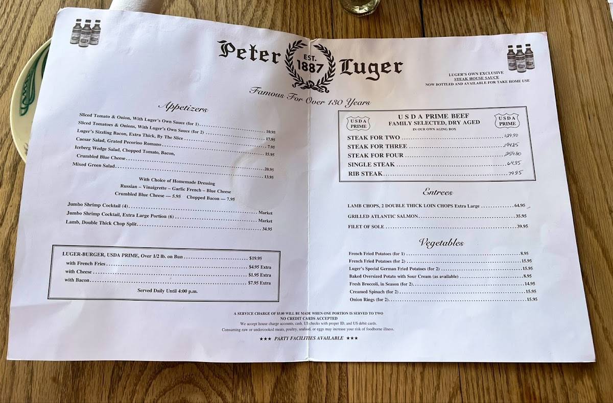 Menu at Peter Luger Steak House steakhouse, New York City, 178 Broadway
