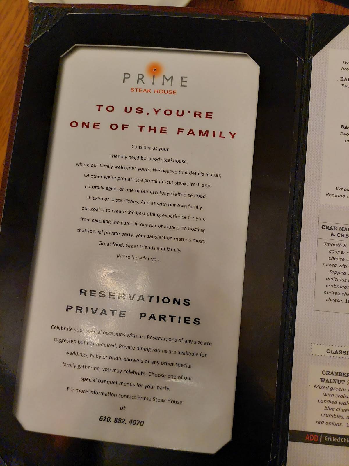 Menu at Prime Steak House steakhouse, Bethlehem