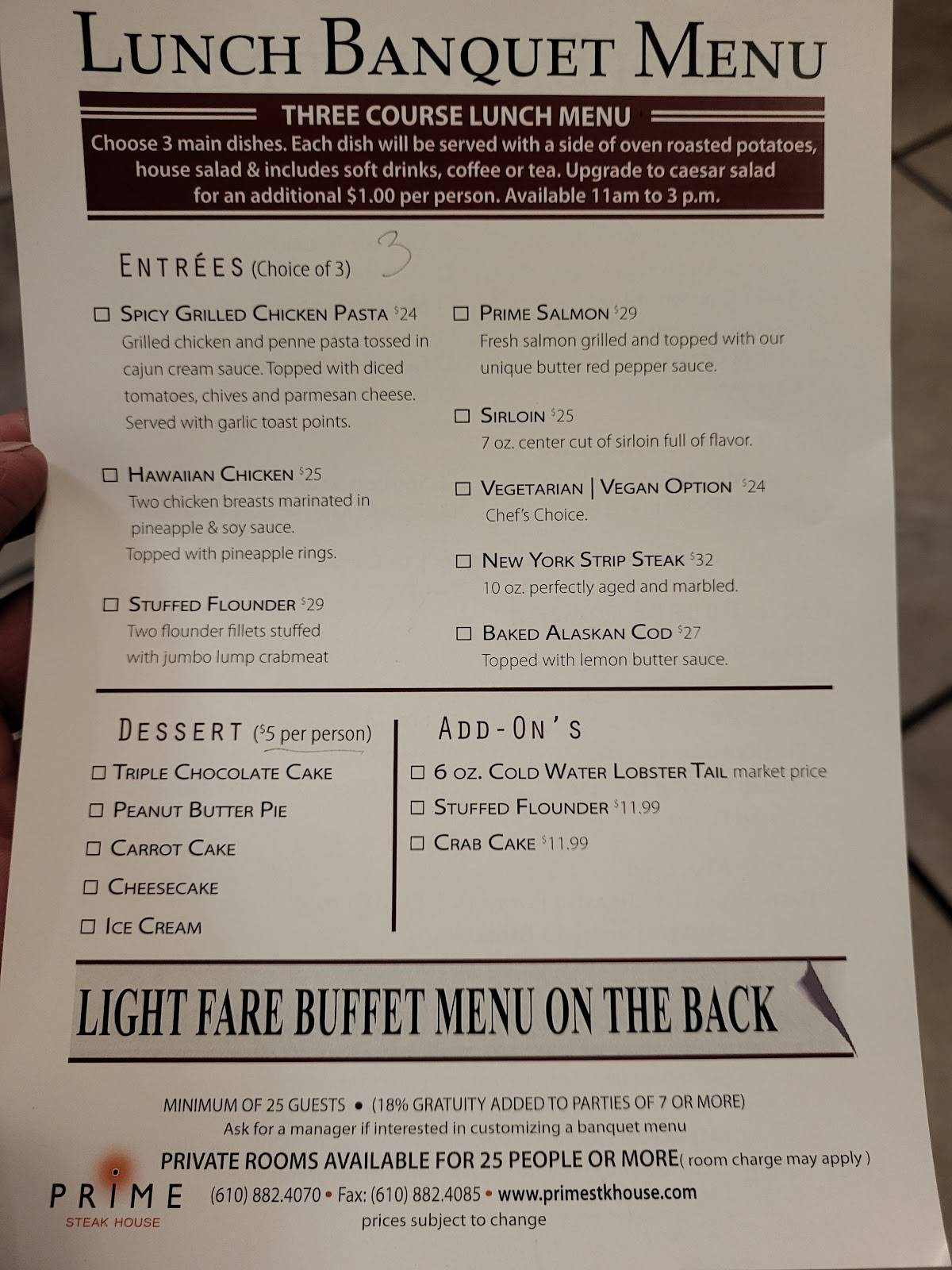 Menu at Prime Steak House steakhouse, Bethlehem