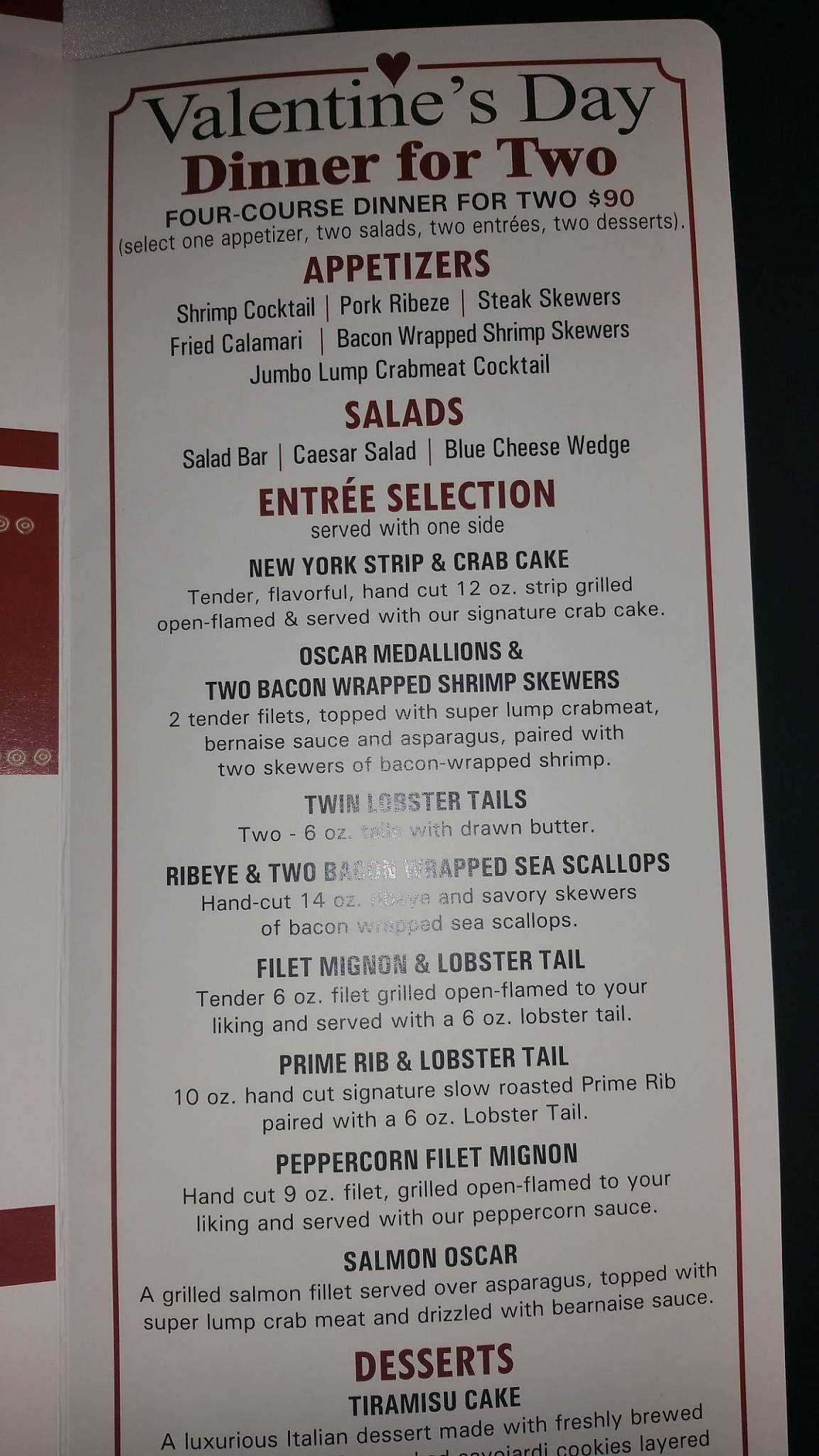 Menu at Prime Steak House steakhouse, Bethlehem