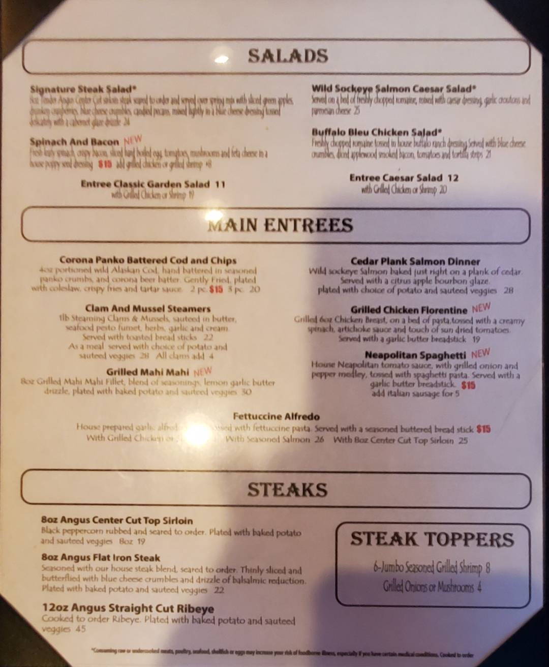 Menu at Shaken steakhouse, Eatonville