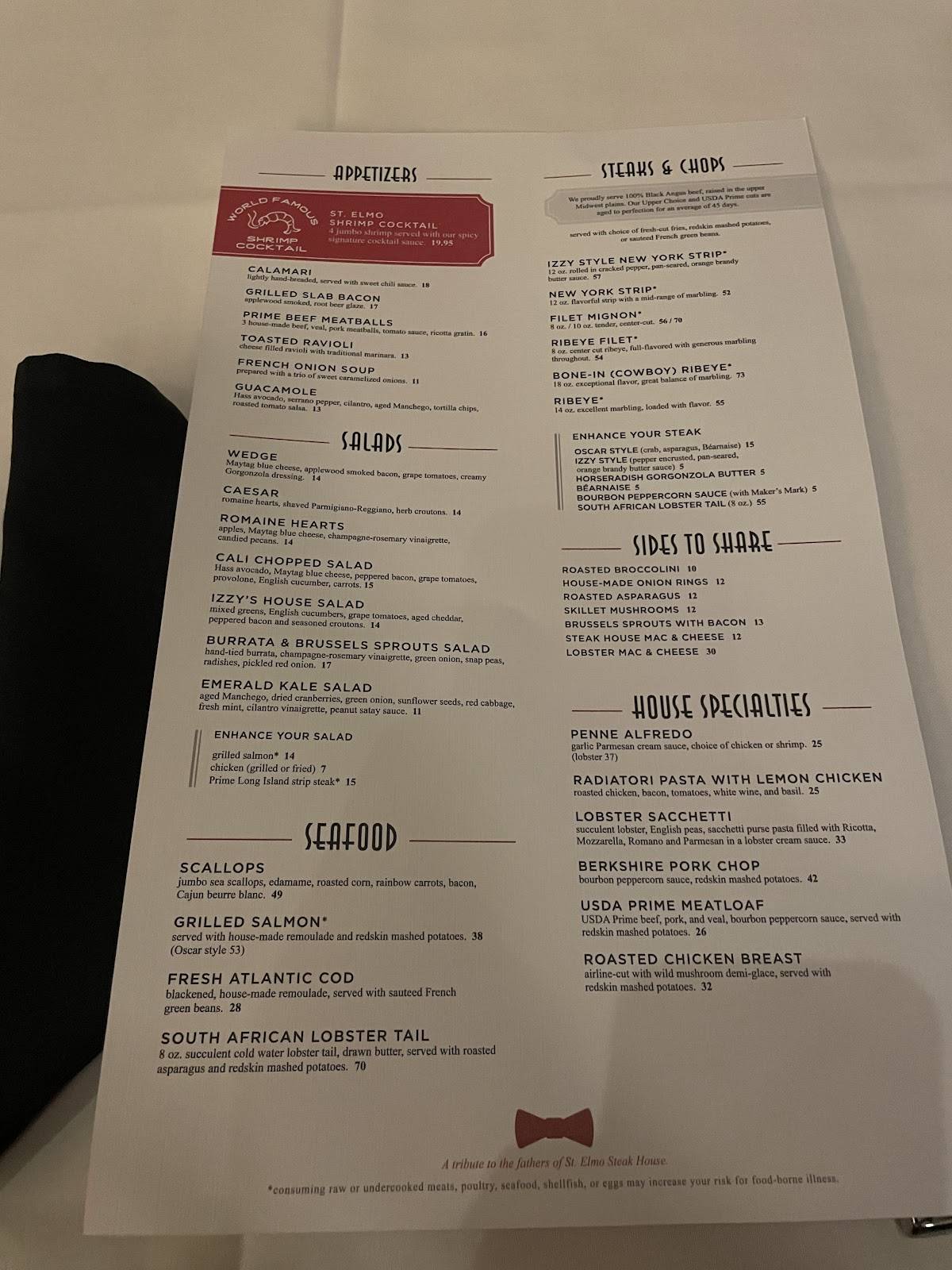 Menu at St. Elmo Steak House steakhouse, Indianapolis