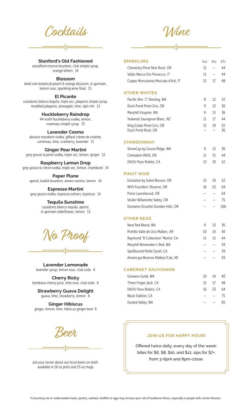 Menu at Stanford's Tanasbourne steakhouse, Hillsboro