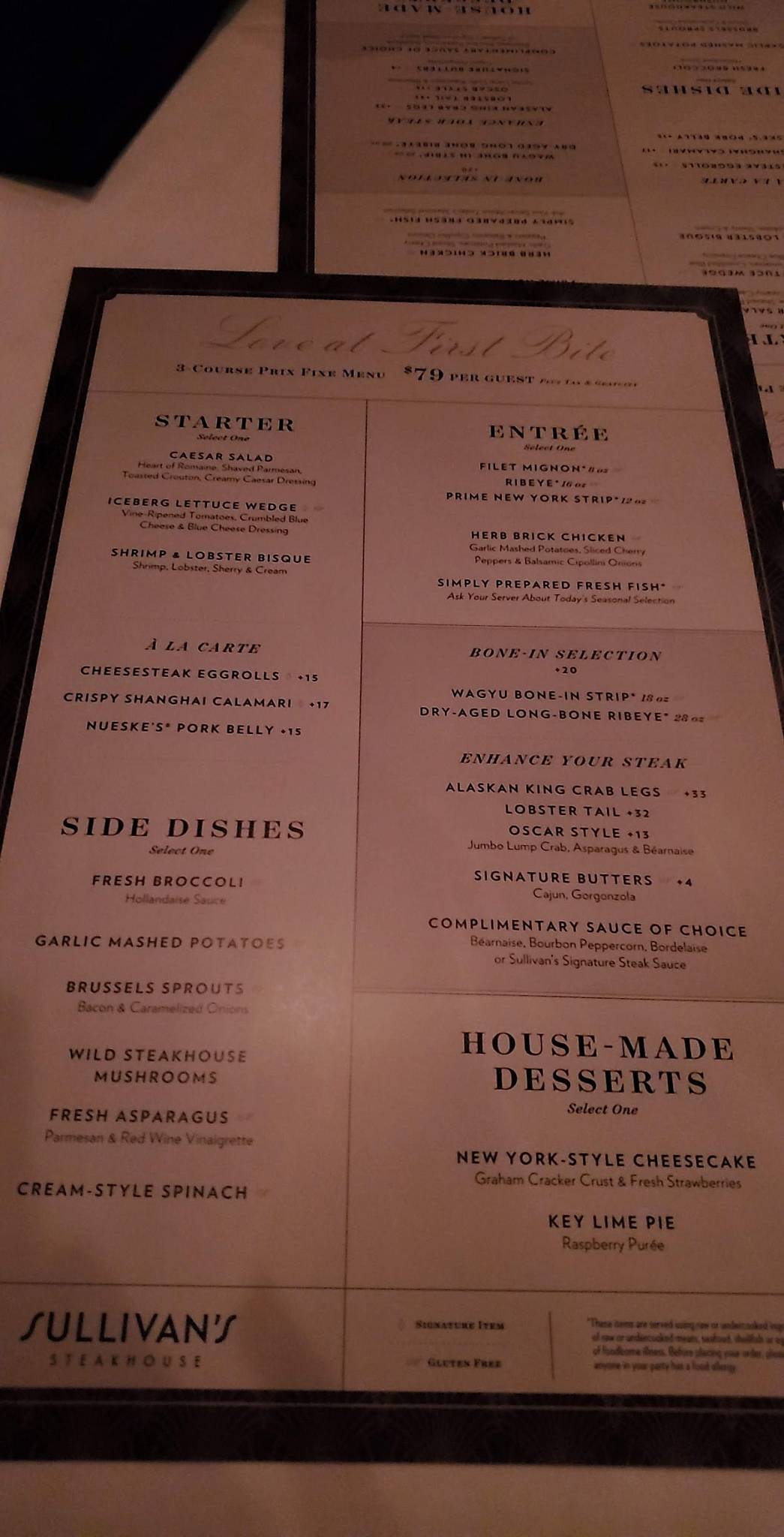 Menu at Sullivan's Steakhouse, Indianapolis, E 86th St