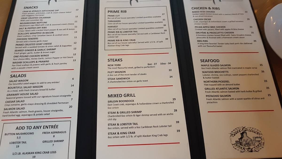 Menu at The Granary steakhouse, Saskatoon