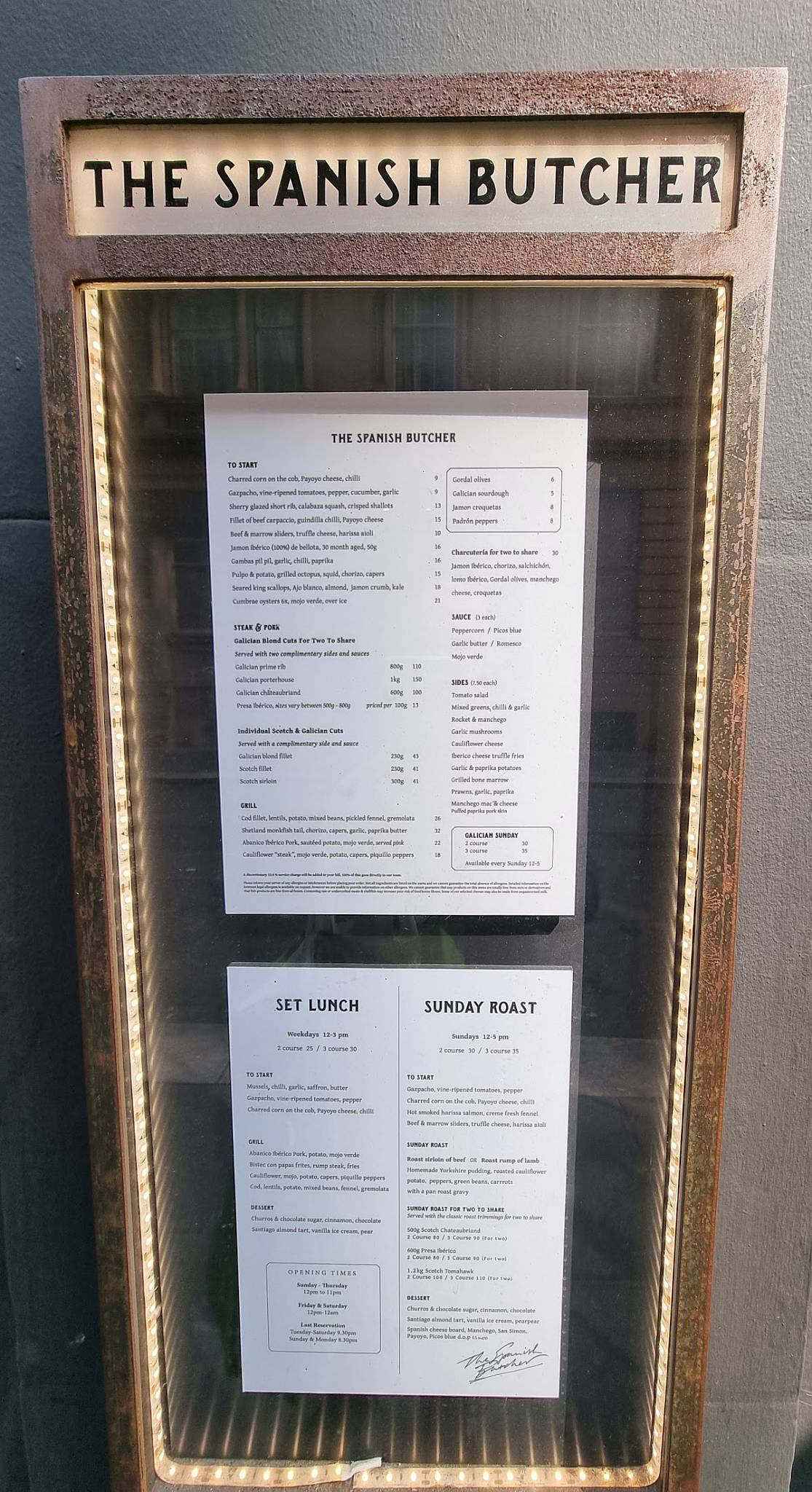 Menu at The Spanish Butcher Glasgow steakhouse, Glasgow