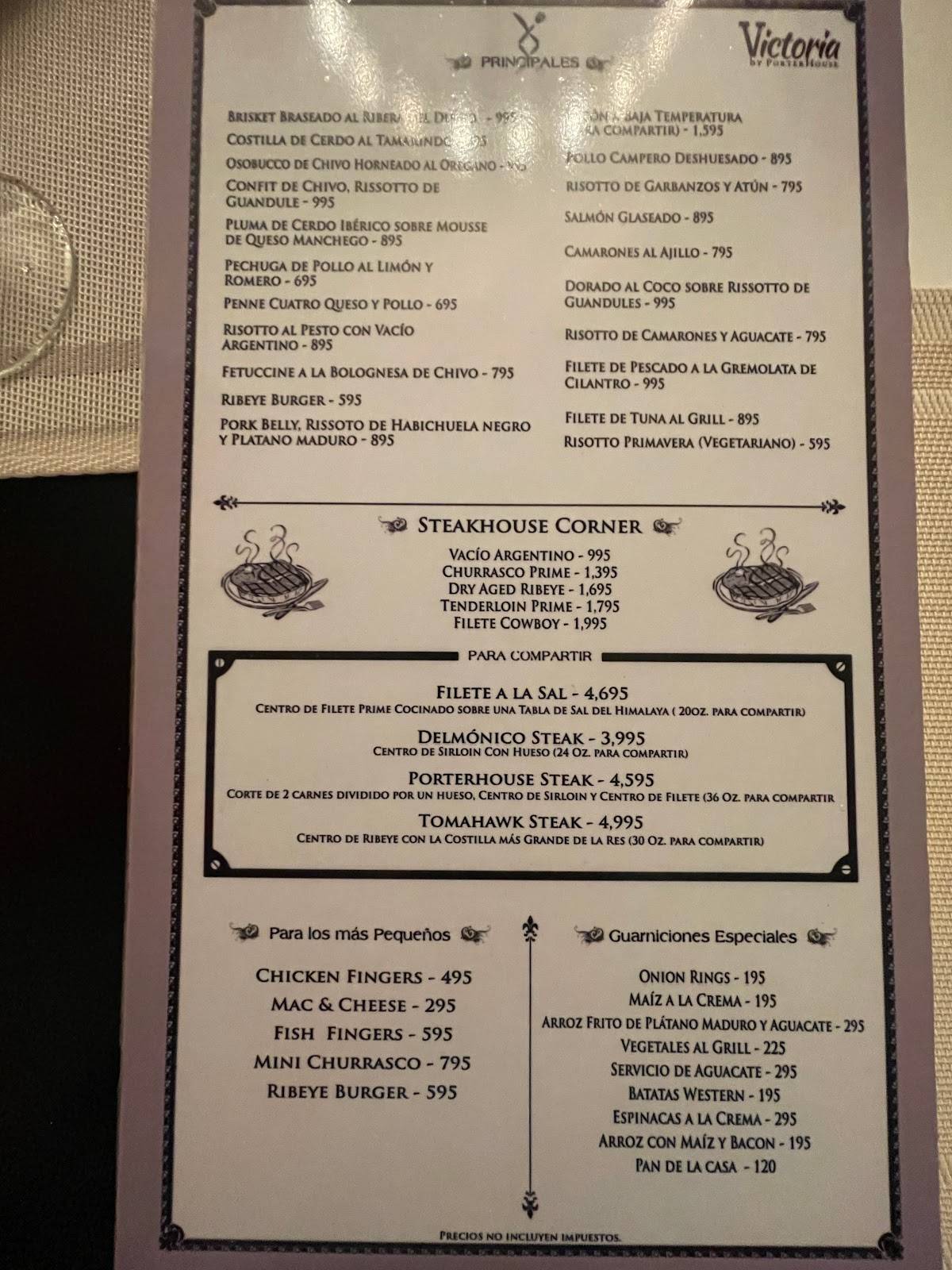 Menu at Victoria by PorterHouse restaurant, Santo Domingo