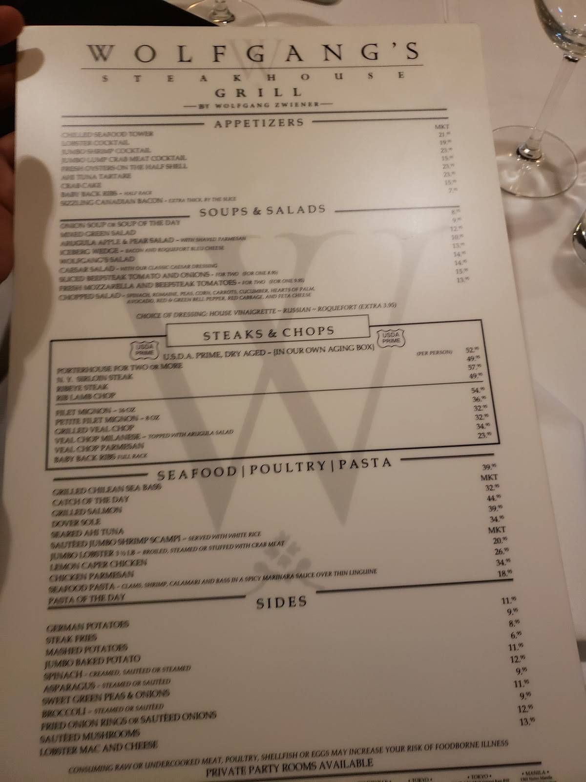 Menu at Wolfgang's Steakhouse, Somerville