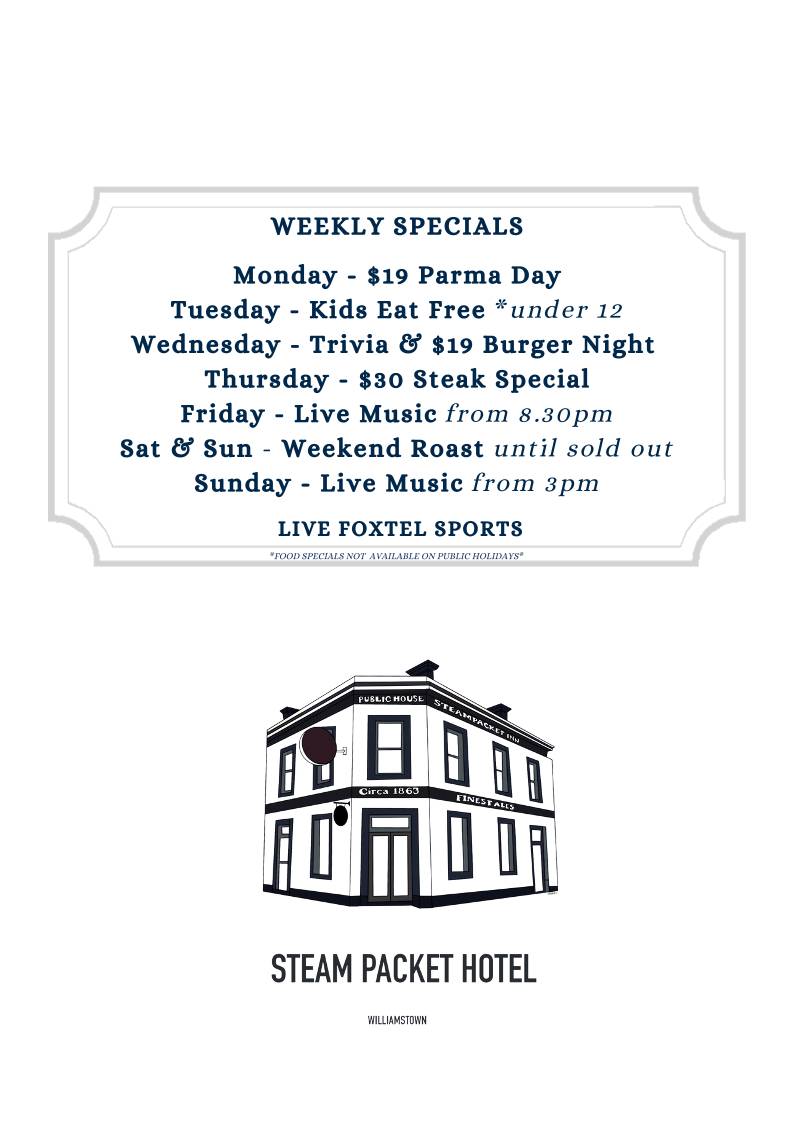 Menu at Steam Packet Hotel restaurant, Williamstown