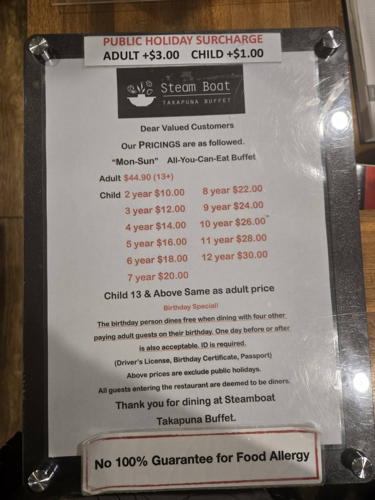 Menu at Steamboat & Korean BBQ Takapuna Buffet, Auckland