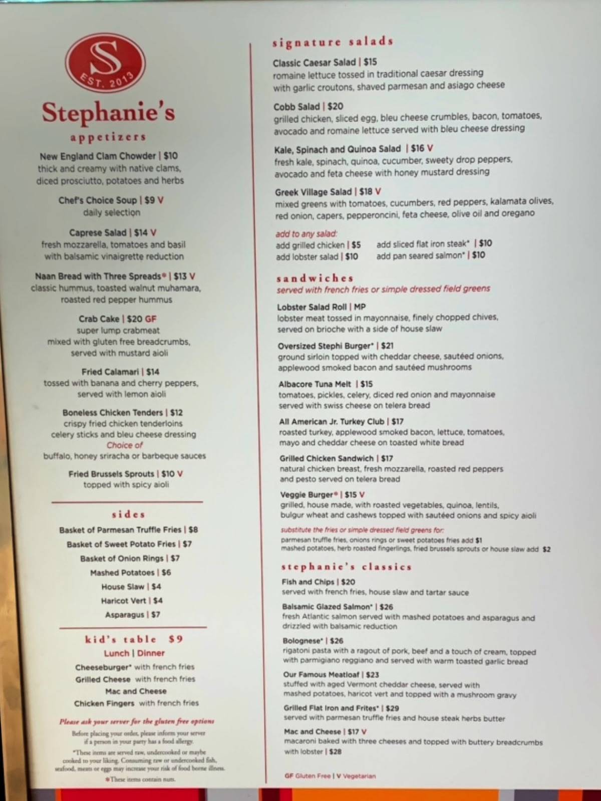 Menu at Stephanie's pub & bar, Boston, Logan Airport Terminal B